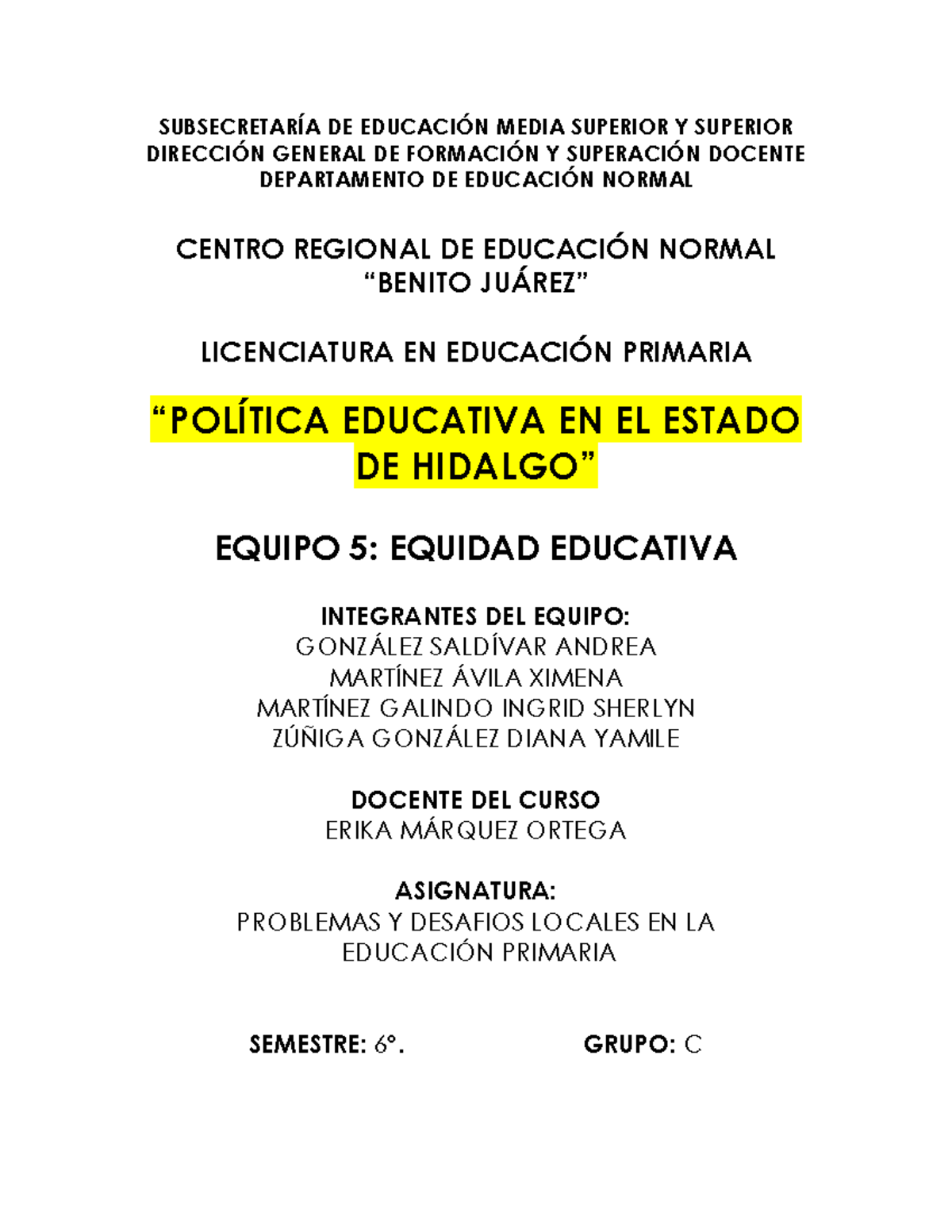 Política Educativa y Equidad en la Educación Primaria en Hidalgo - Studocu