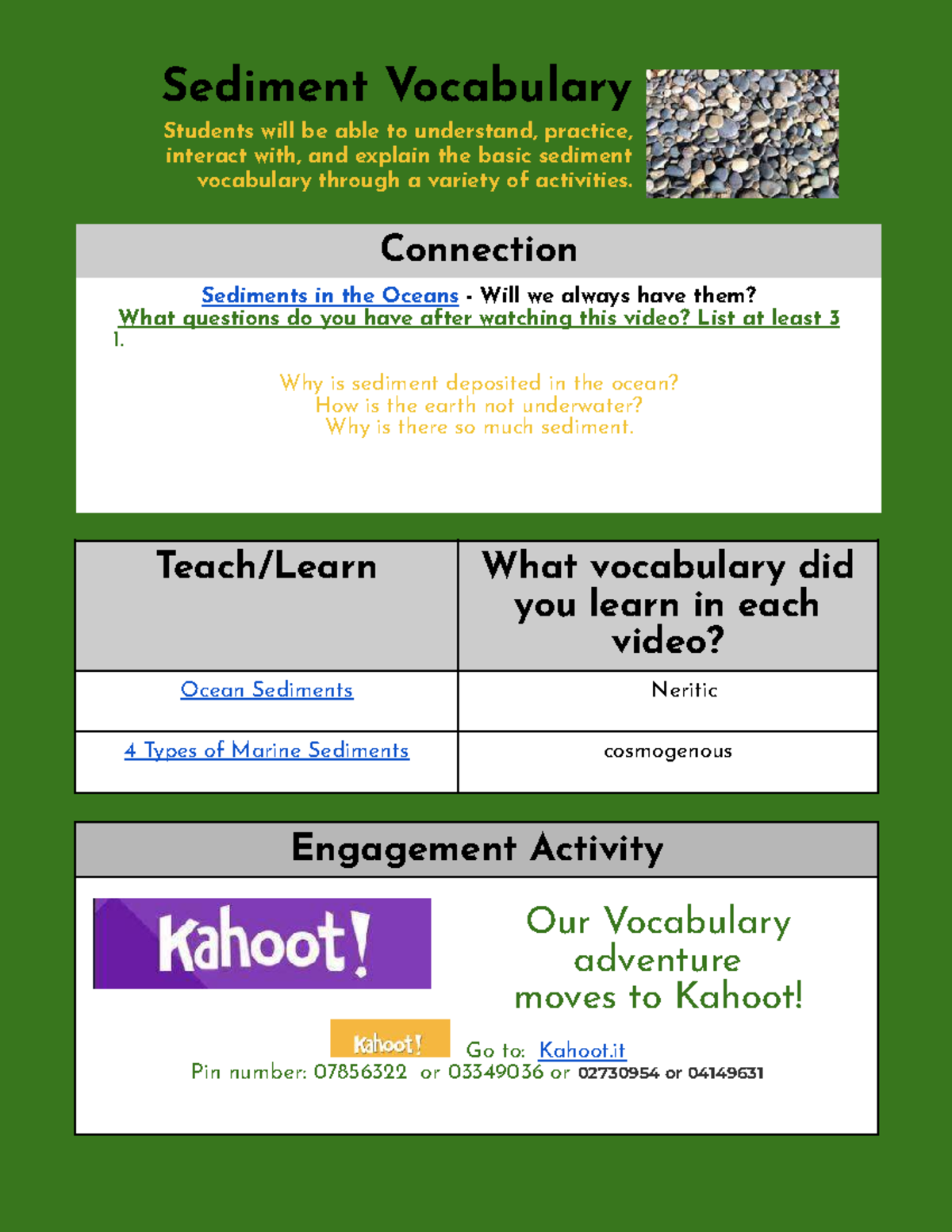 Sediment Vocabulary 2024 - Sediment Vocabulary Students will be able to ...