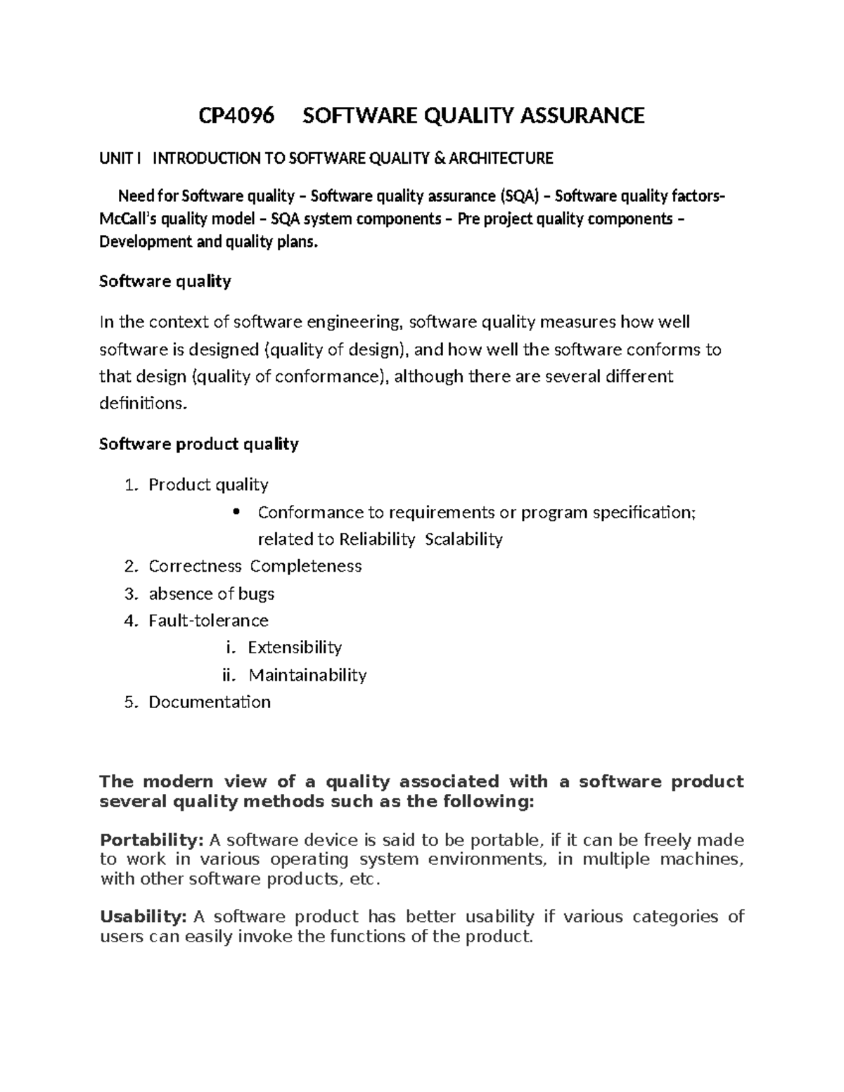 CP4096 Software Quality Assurance: Key Concepts and Practices - Studocu
