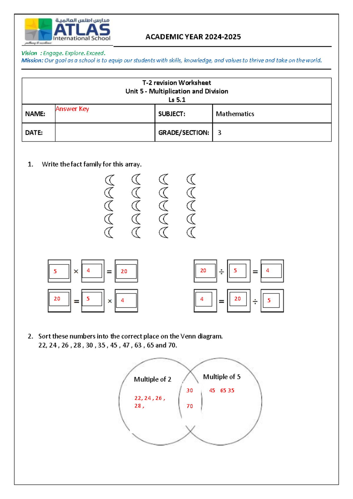Mathematics 3 Revision Worksheet: Unit 5 Multiplication & Division ...