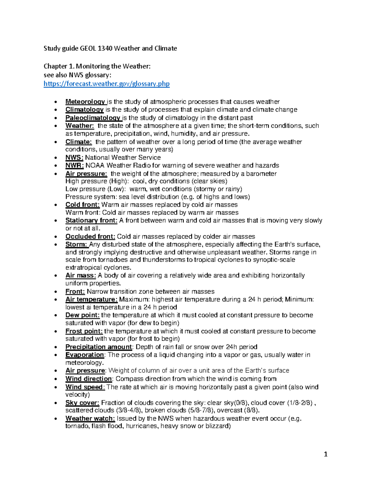 Weather and Climate Study Guide - GEOL 1340 Chapter 1 Overview - Studocu