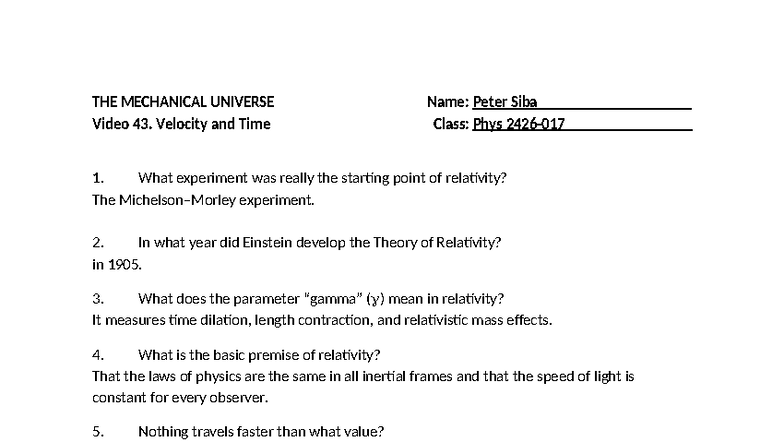 Phys 1: The Mechanical Universe - Video 43. Velocity & Time - Studocu