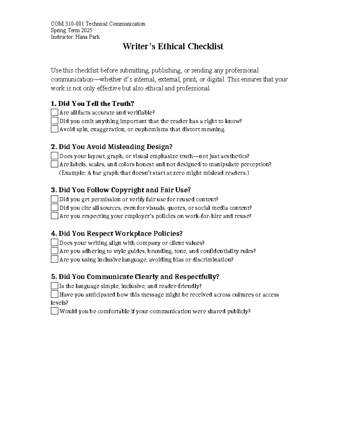 COM 202 Technical Communication Spring 2025: Writers Ethical Checklist ...