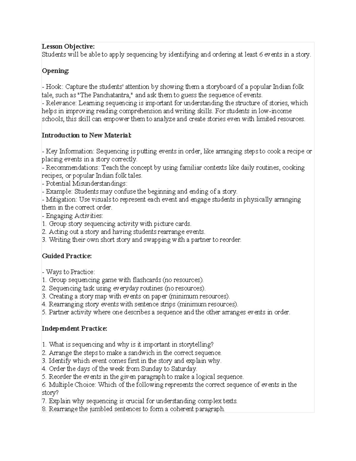 LP Guide- Sequencing gRade 4 - Lesson Objective: Students will be able ...