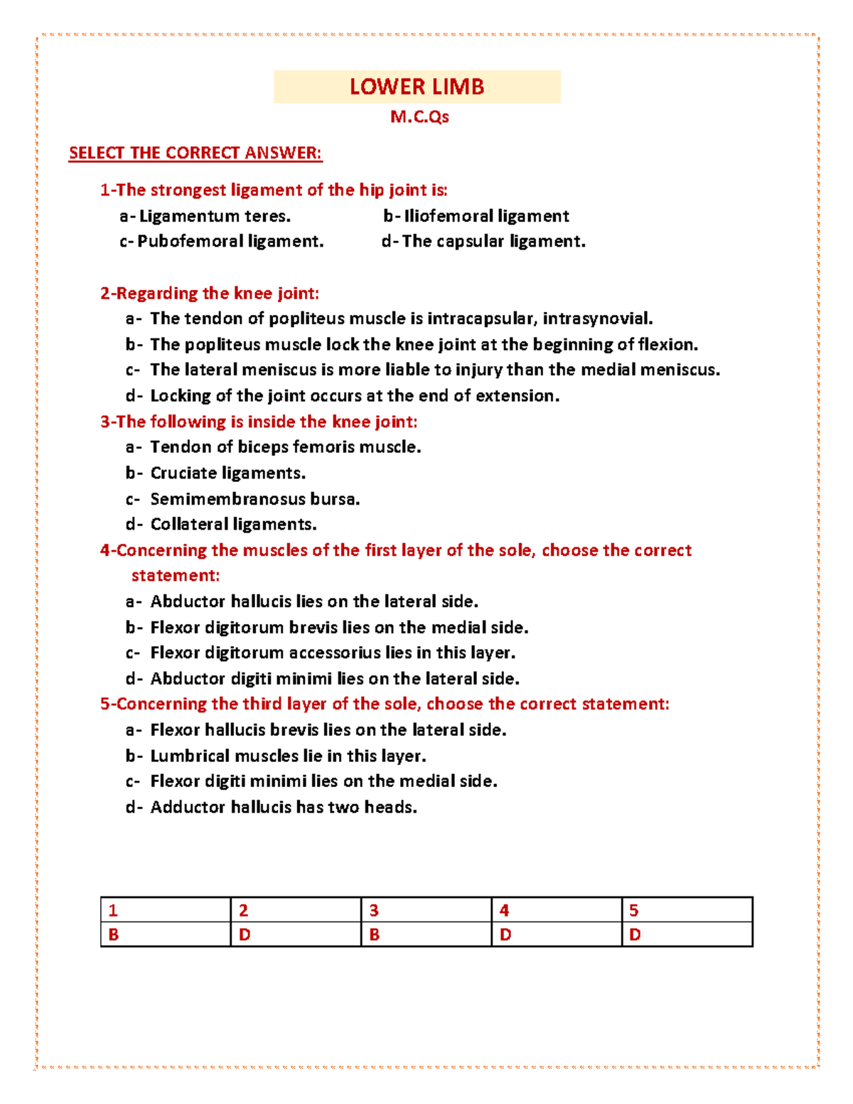 Lower Limb MCQs Revision: Key Concepts and Answers - Studocu