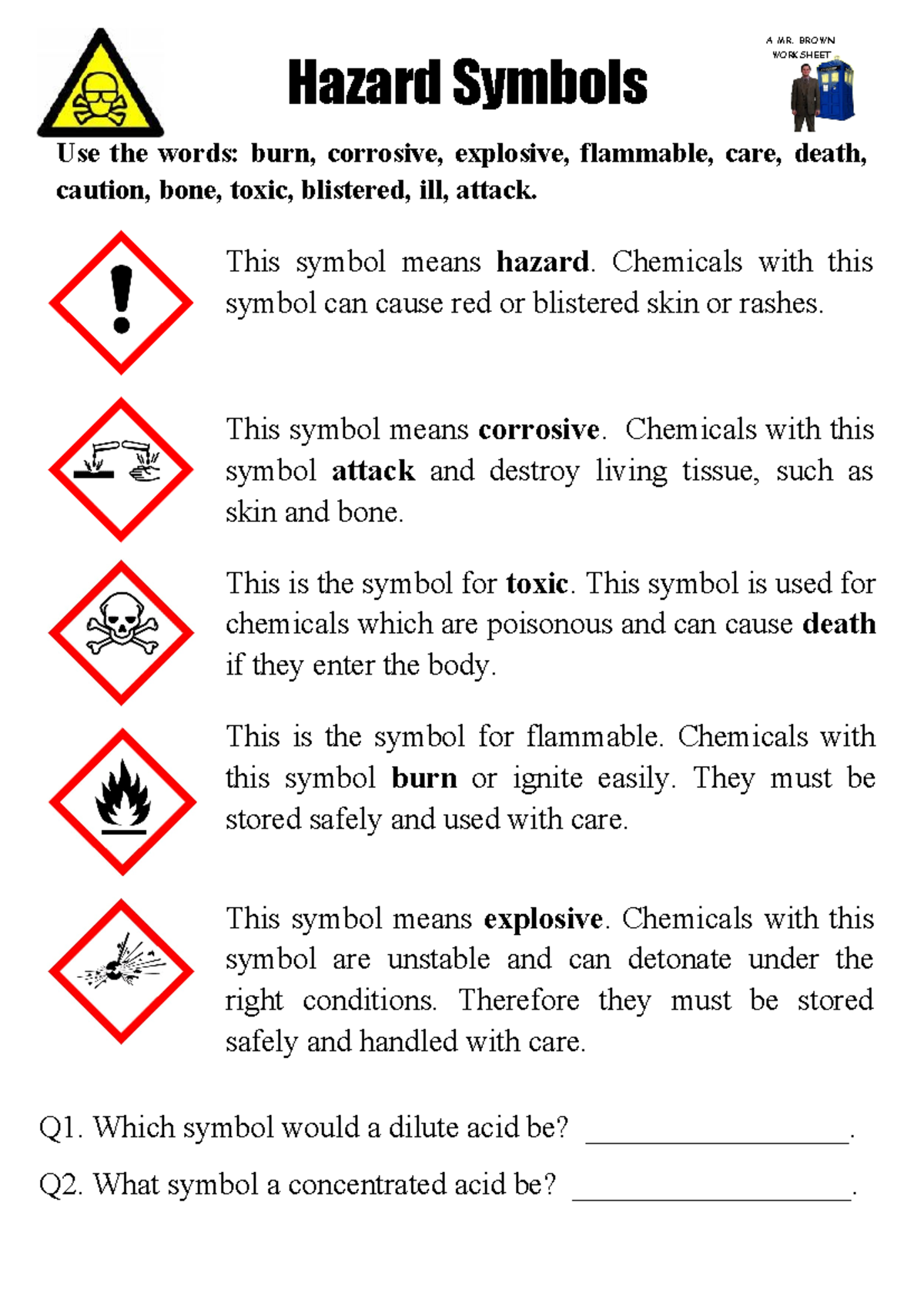 Hazard Symbols Worksheet (DB): Understanding Chemical Risks - Studocu