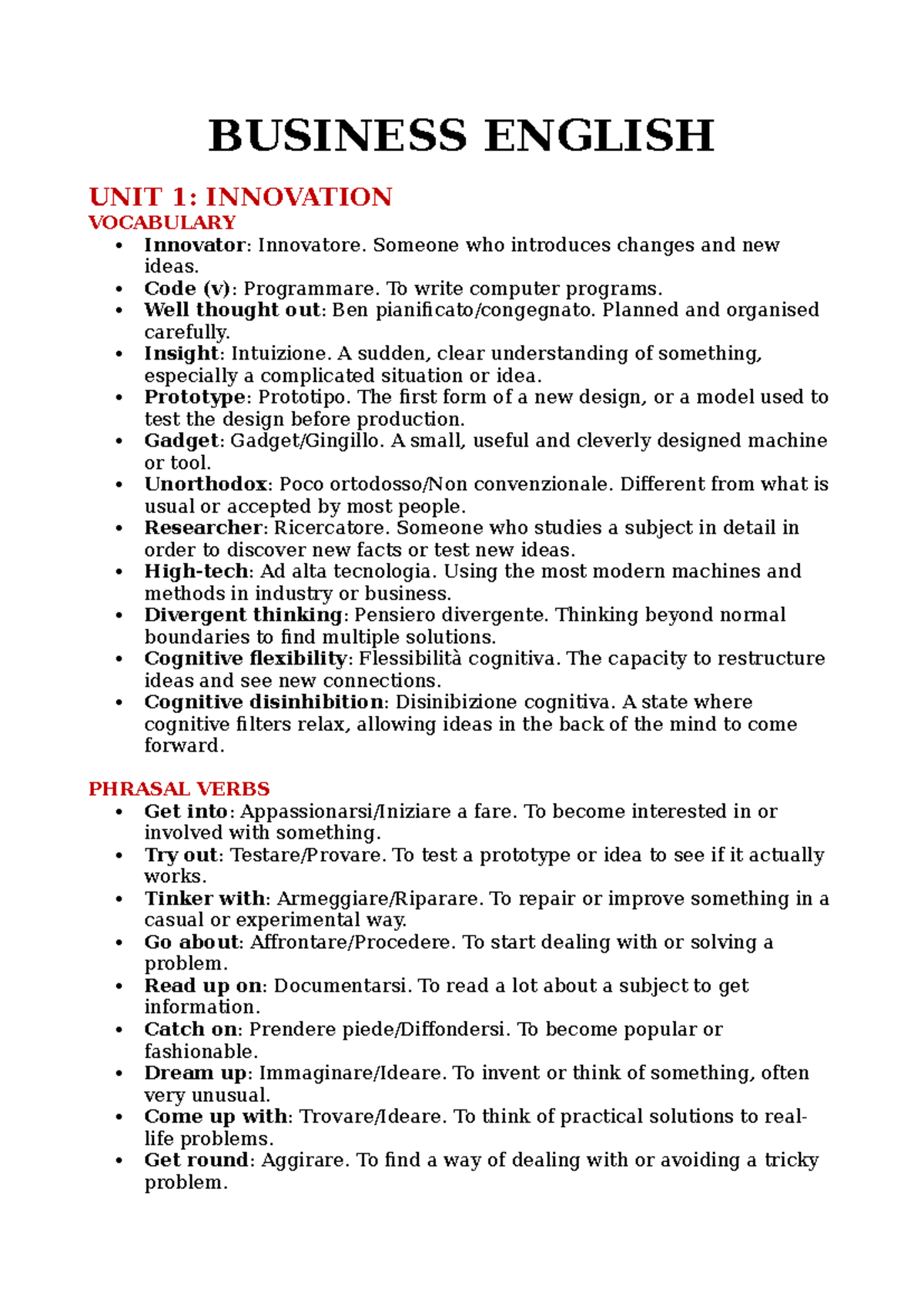 BUSINESS ENGLISH UNIT 1: INNOVATION VOCABULARY AND GRAMMAR NOTES - Studocu