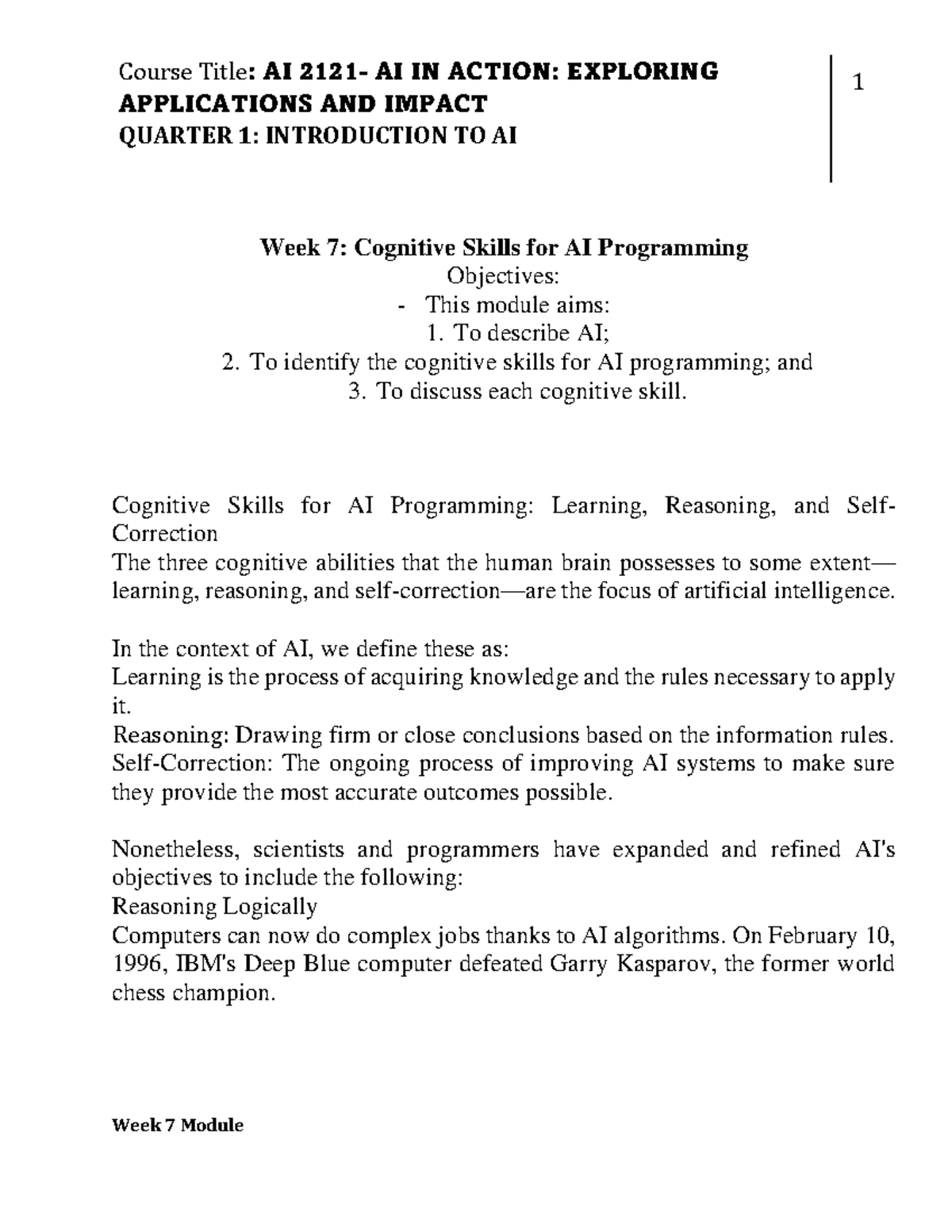 AI 2121 W7 - Cognitive Skills & Applications of AI Programming - Studocu