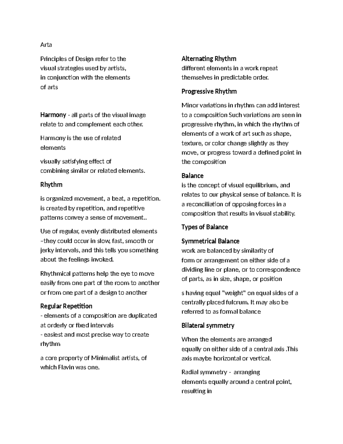 Arta - Arta midterms - Arta Principles of Design refer to the visual ...