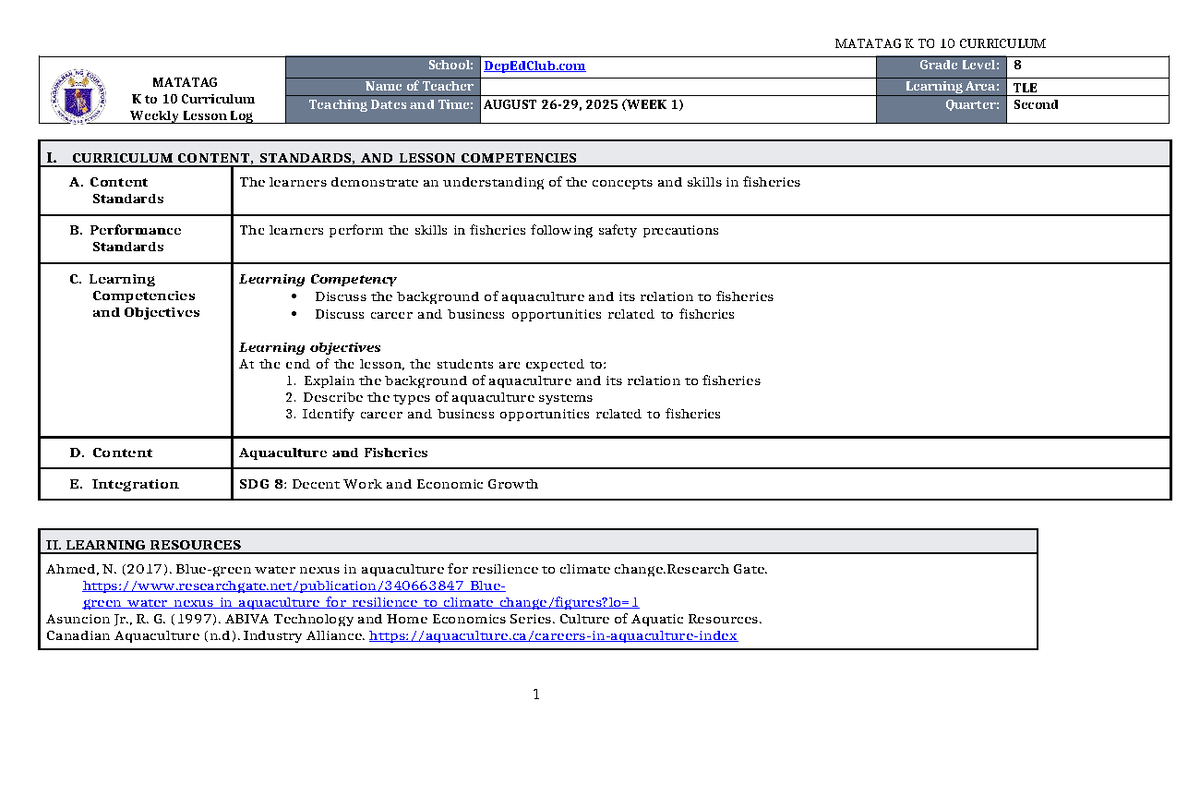 DLL Matatag TLE 8 Q2 W1: Aquaculture & Fisheries Lesson Plan - Studocu