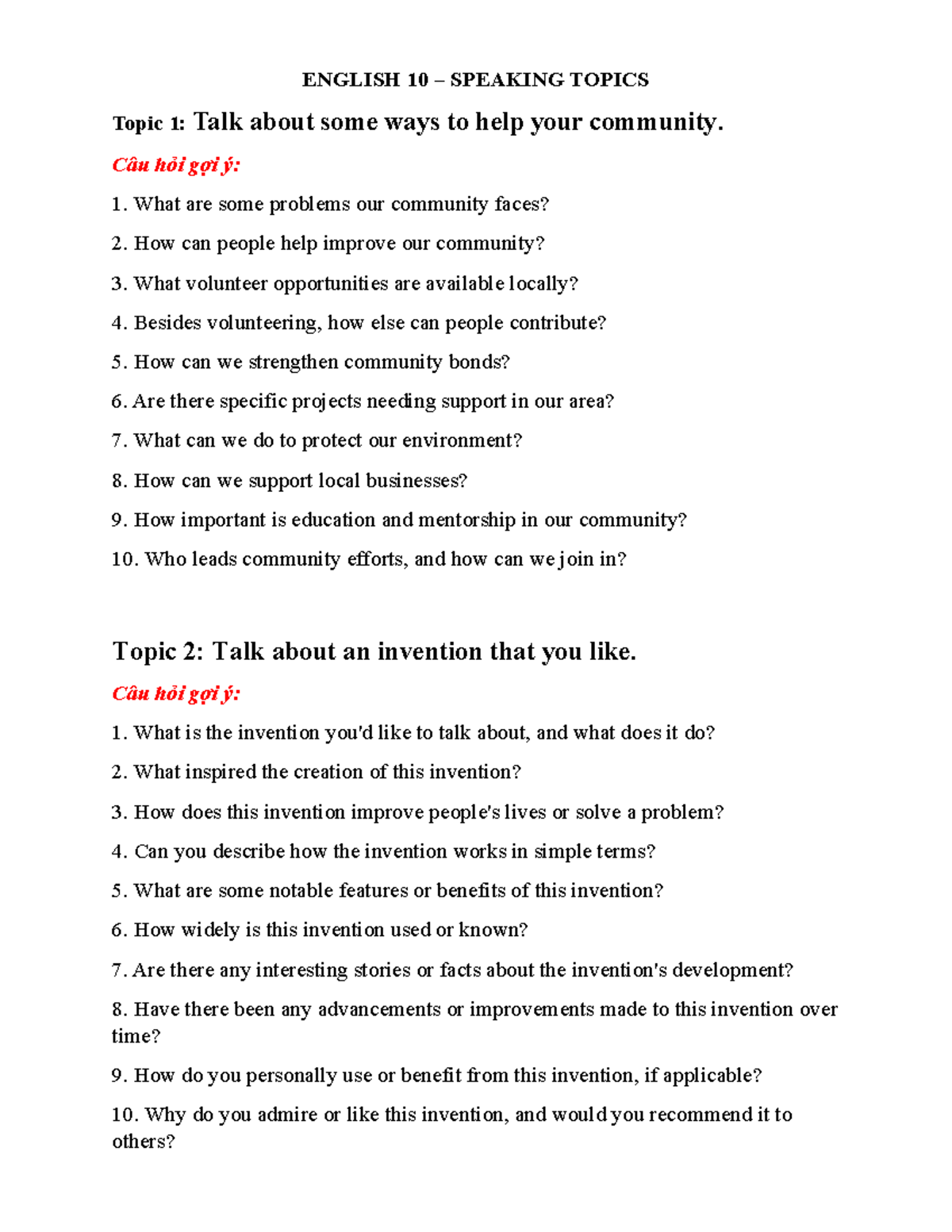 ENGLISH 10 SPEAKING TOPICS: Community & Invention Discussions - Studocu