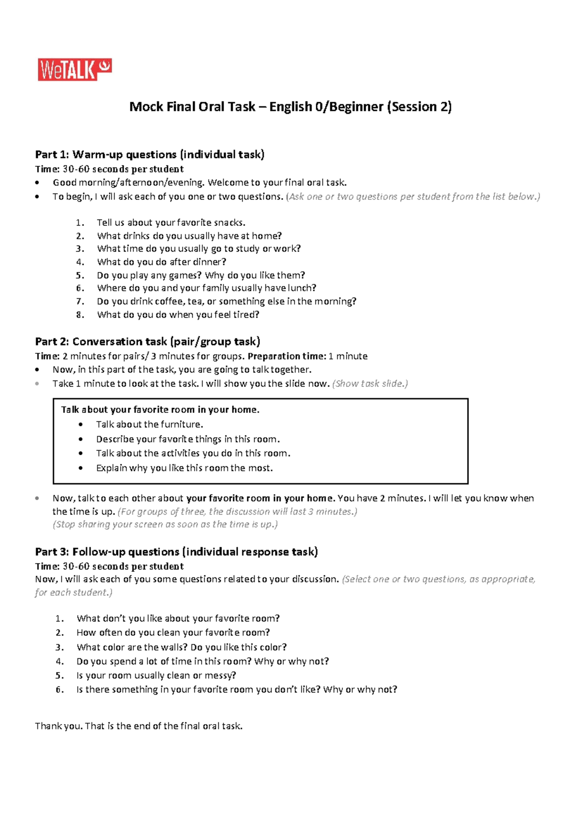 E0-B Mock Final Oral Task: Questions & Conversation Guide - Studocu