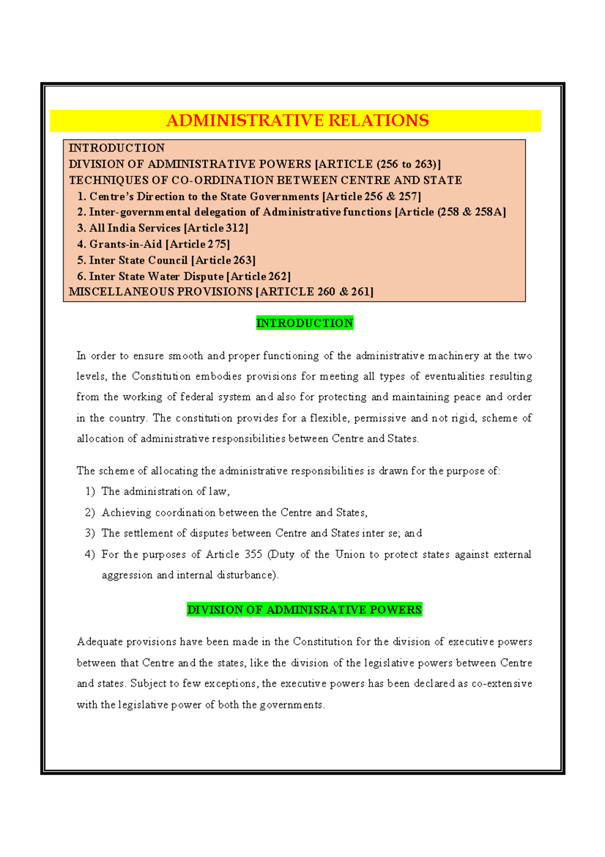 ADMINISTRATIVE RELATIONS (256) - DIVISION OF ADMINISTRATIVE POWERS ...
