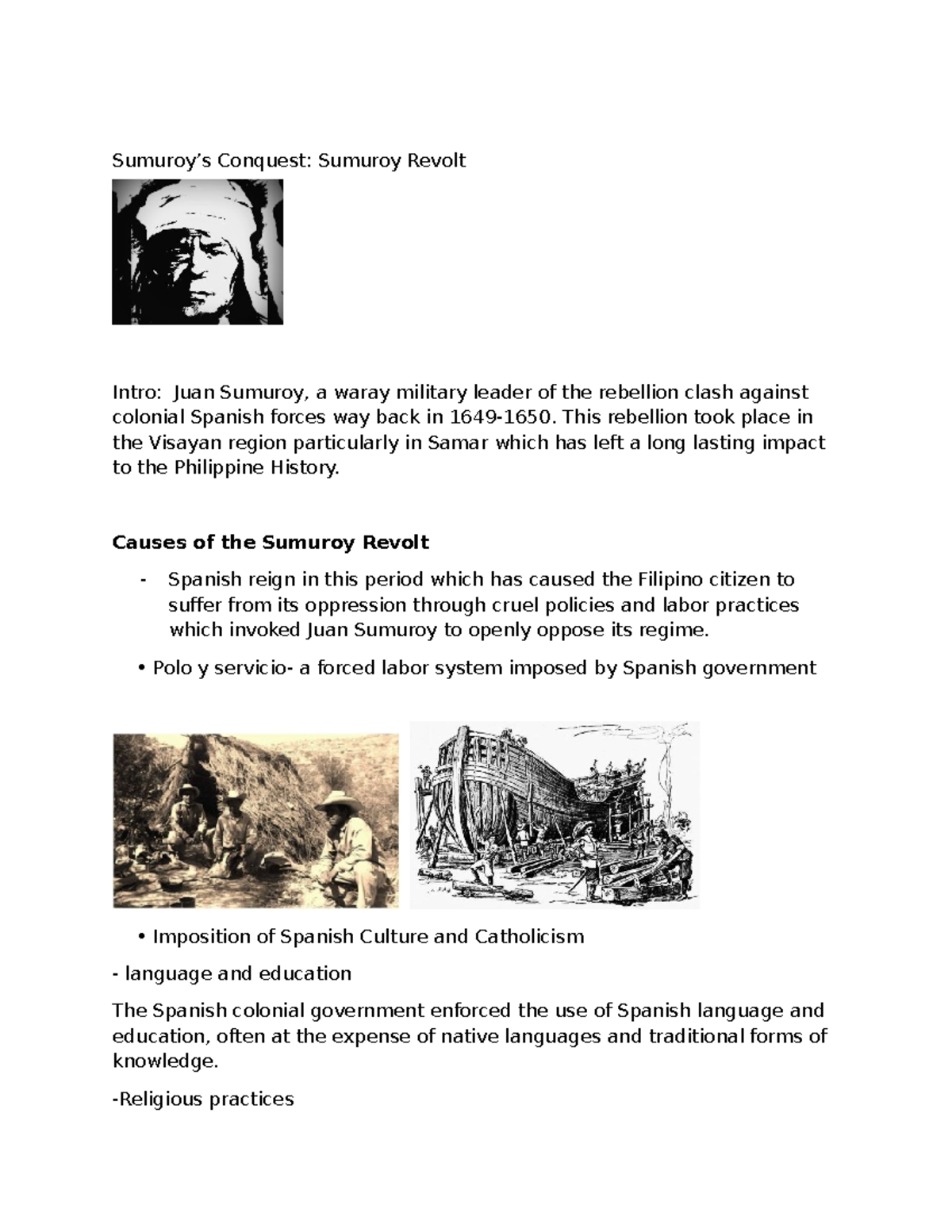 Sumuroy Revolt Overview: Final Outline for History Study - Studocu