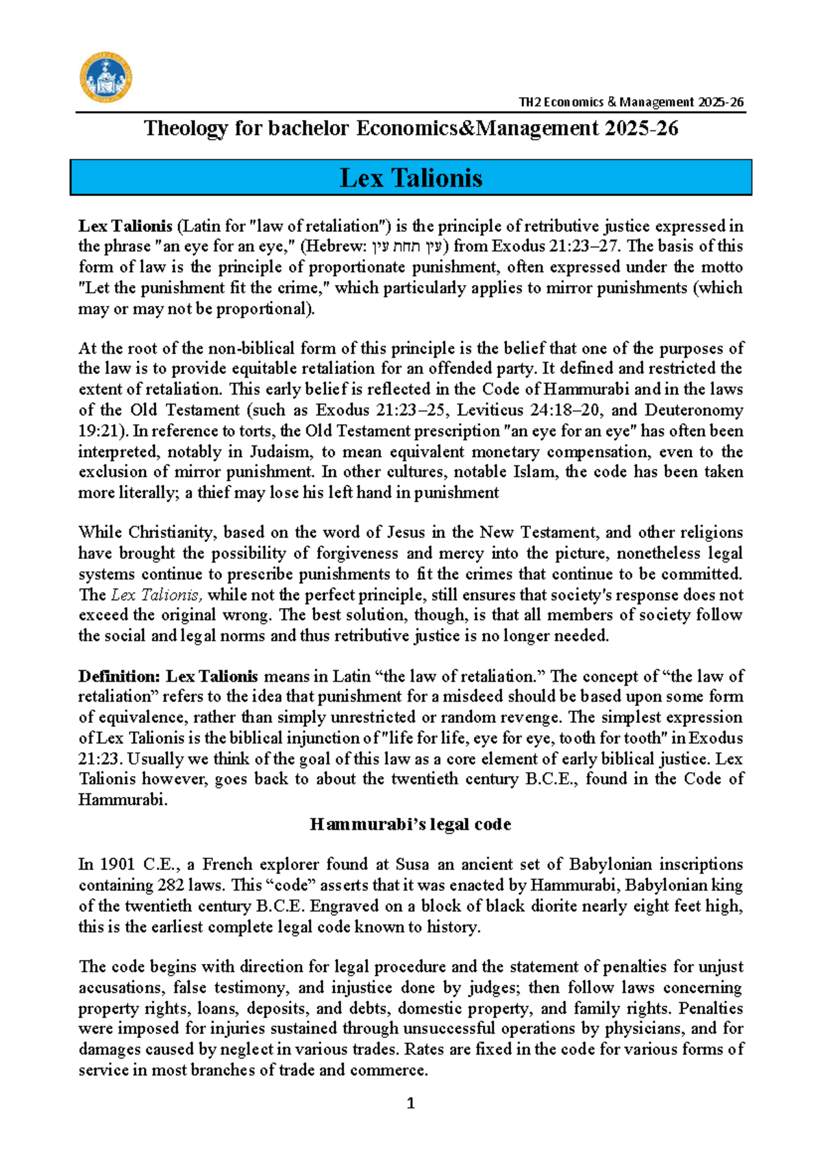 TH2 Economics Management: Understanding Lex Talionis in Theology - Studocu