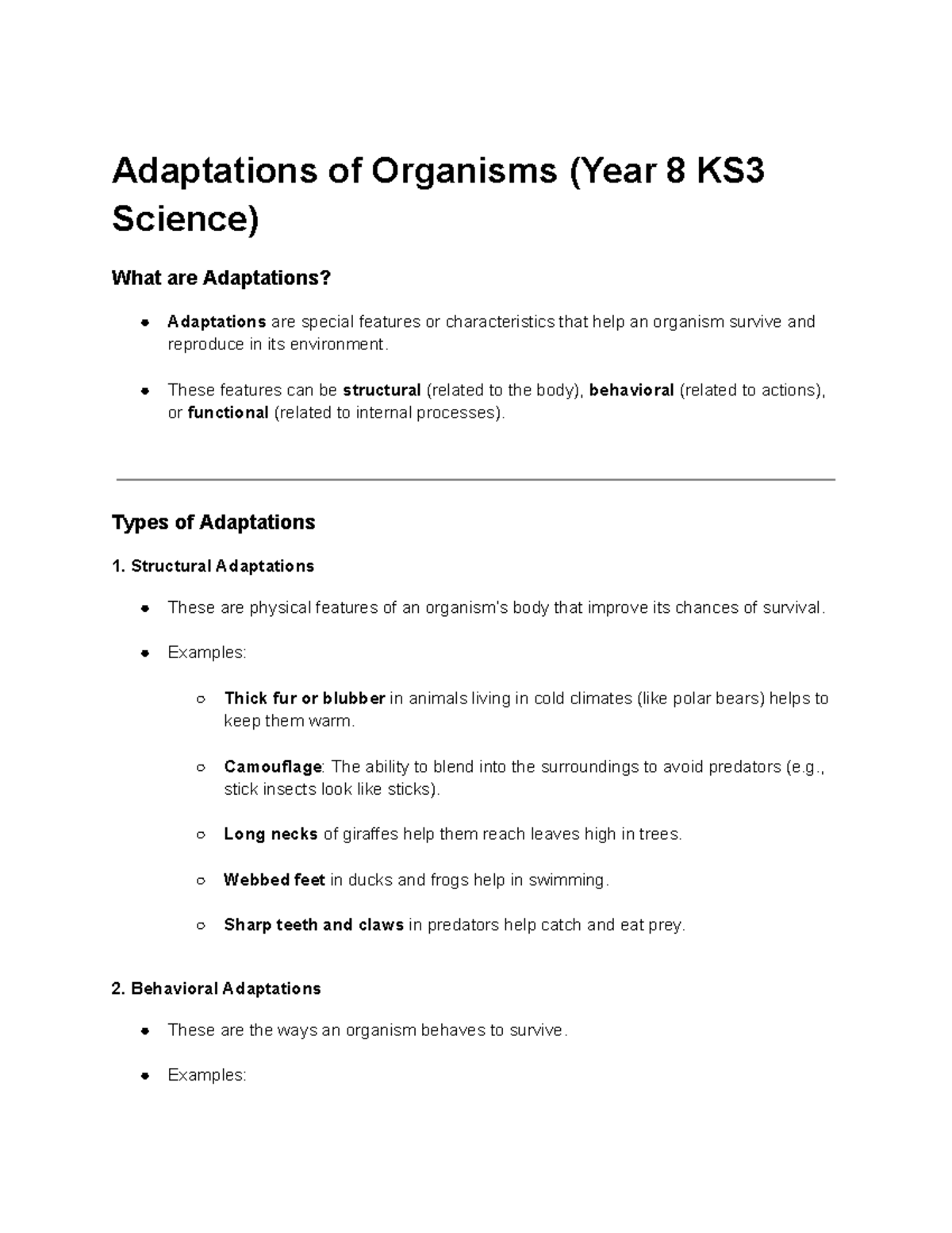 Adaptations of Organisms: Year 8 KS3 Science Overview - Studocu