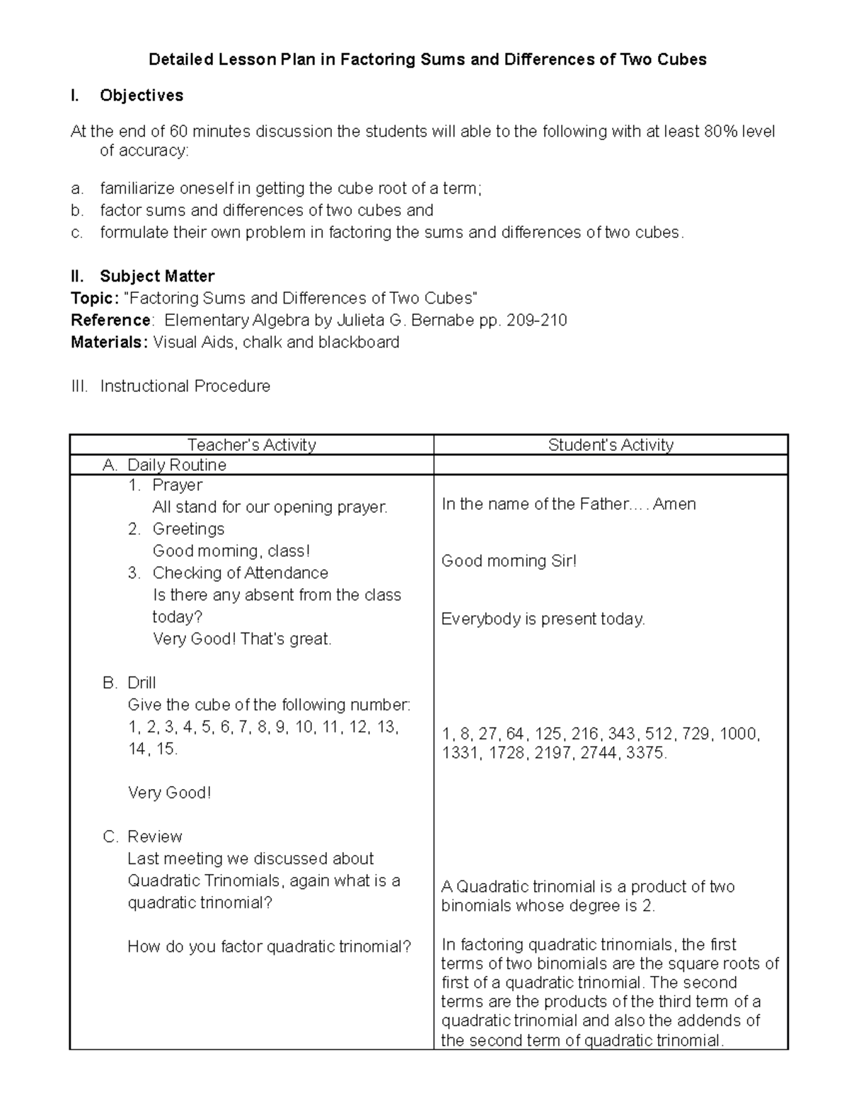 Effective Lesson Plan for Factoring Sums and Differences of Two Cubes ...