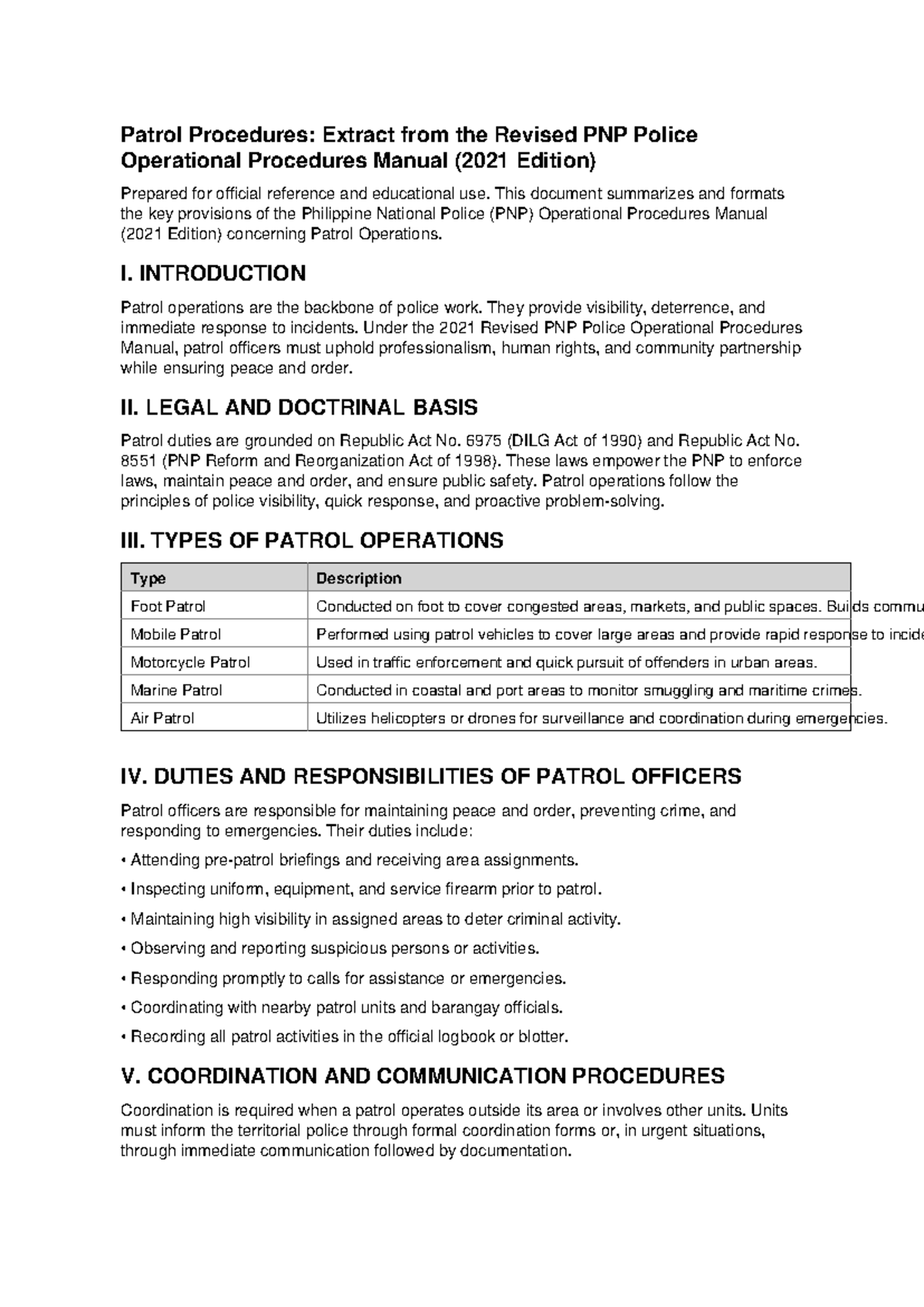 PNP Patrol Procedures Manual 2021: Key Operational Guidelines - Studocu