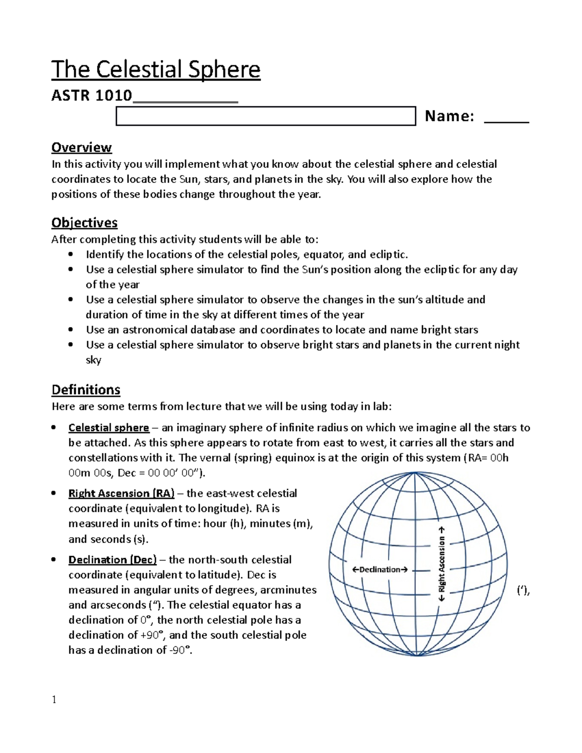 ASTR 1010 - Celestial Sphere Lab Report and Activities - Studocu