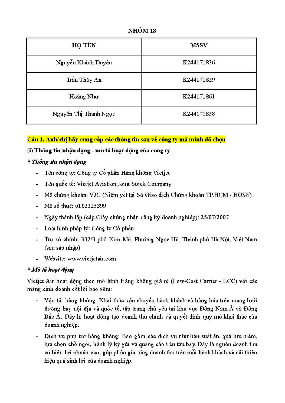 QTTC NHÓM 18 BT1 - THÔNG TIN CÔNG TY CỔ PHẦN HÀNG KHÔNG VIETJET - Studocu