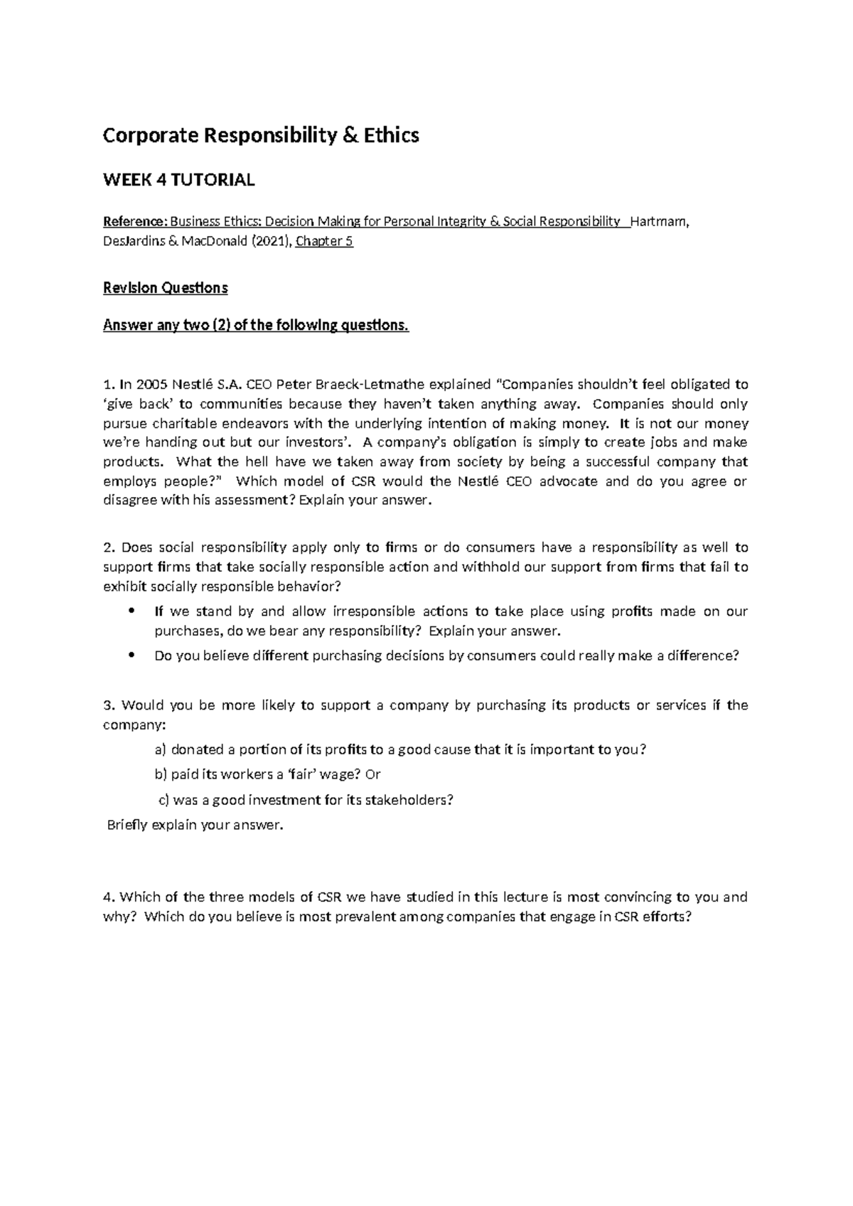 CRSE Week 4 Tutorial: Corporate Responsibility Ethics Questions - Studocu