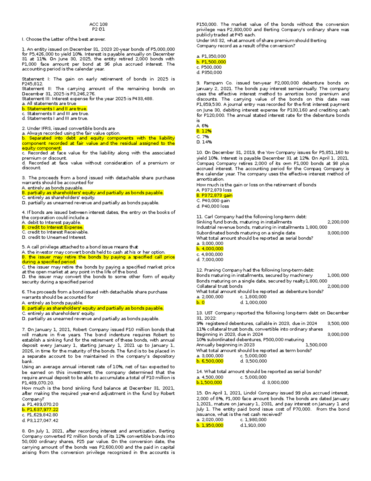 ACC 108 P2 Q1 AK - Answer Key for Bond Accounting Questions - Studocu