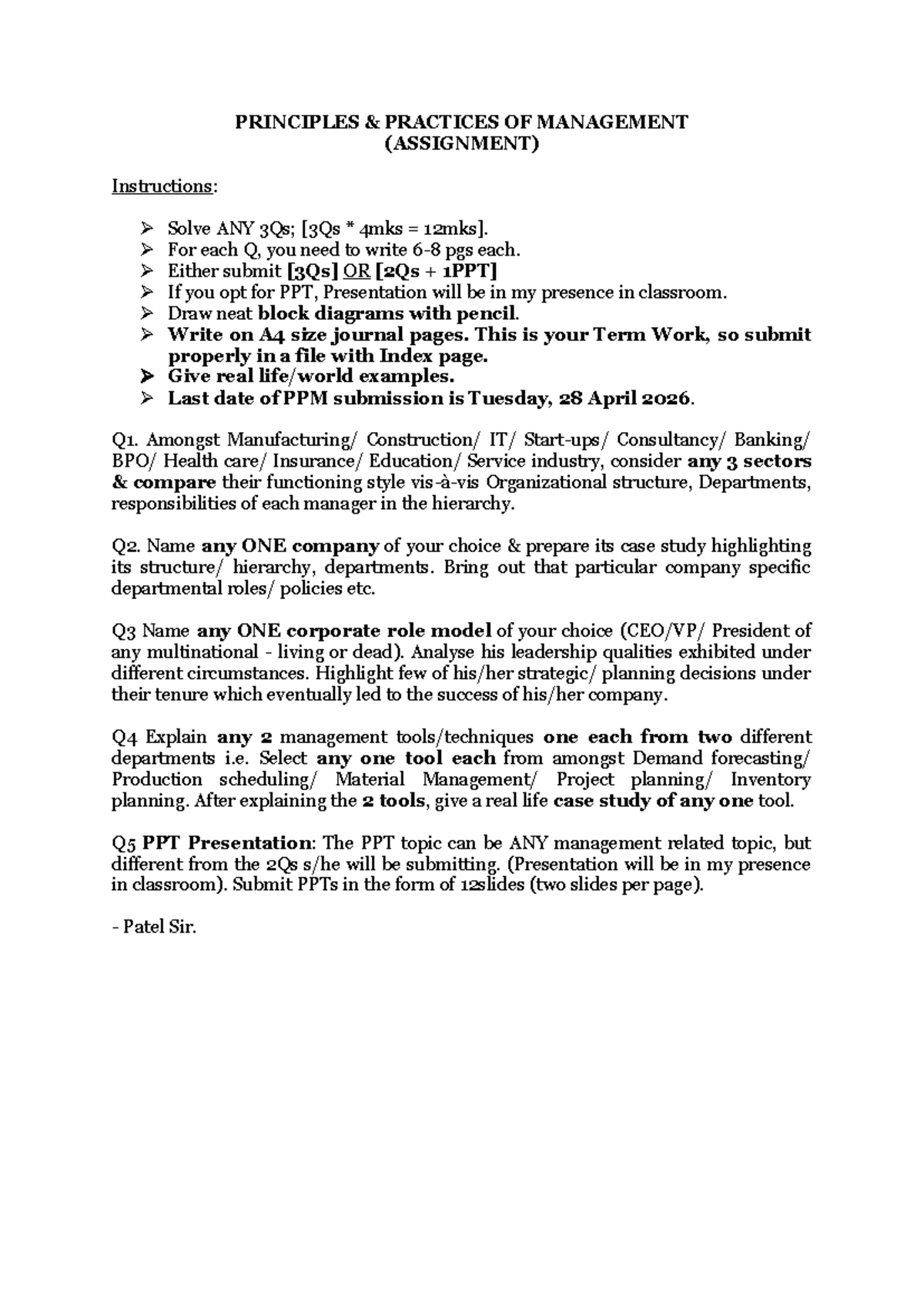 PPM (Principles & Practices of Management) Assignment Guidelines - Studocu