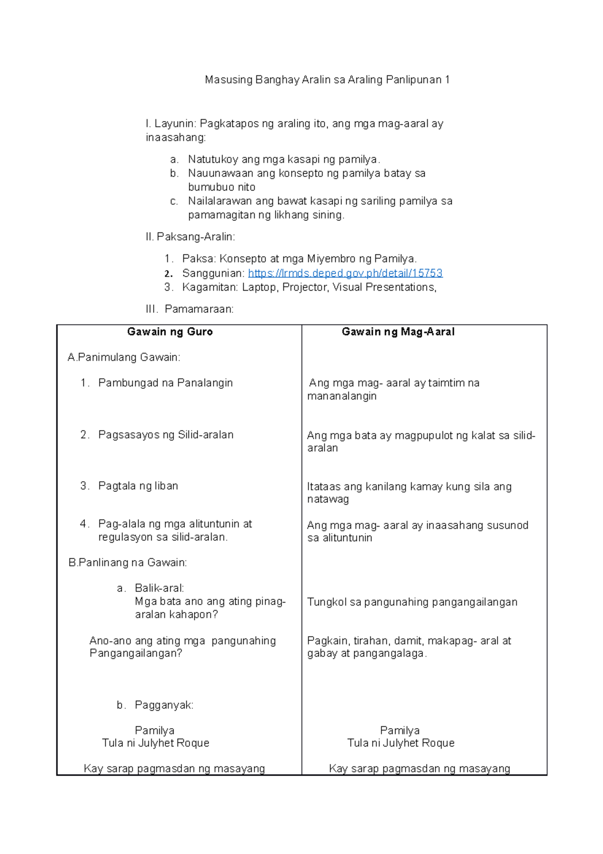 Masusing Banghay Aralin sa Araling Panlipunan 1: Konsepto ng Pamilya ...