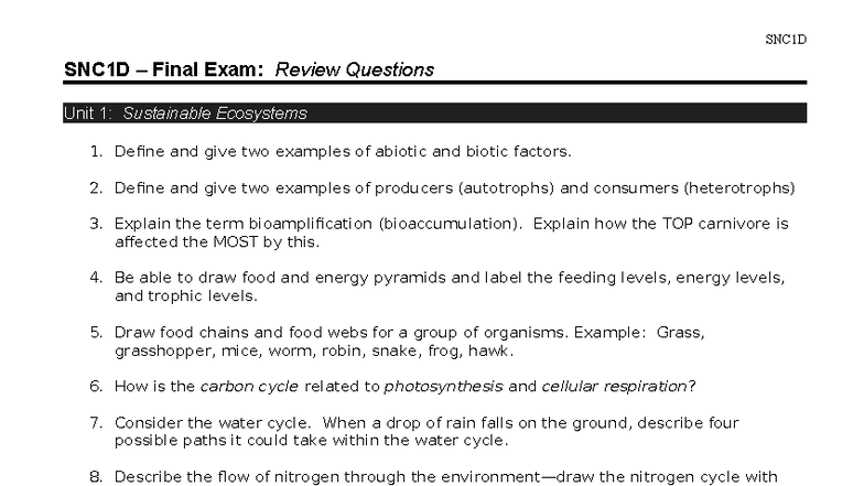 Exam-review-2 - exam review - SNC1D – Final Exam: Review Questions Unit ...