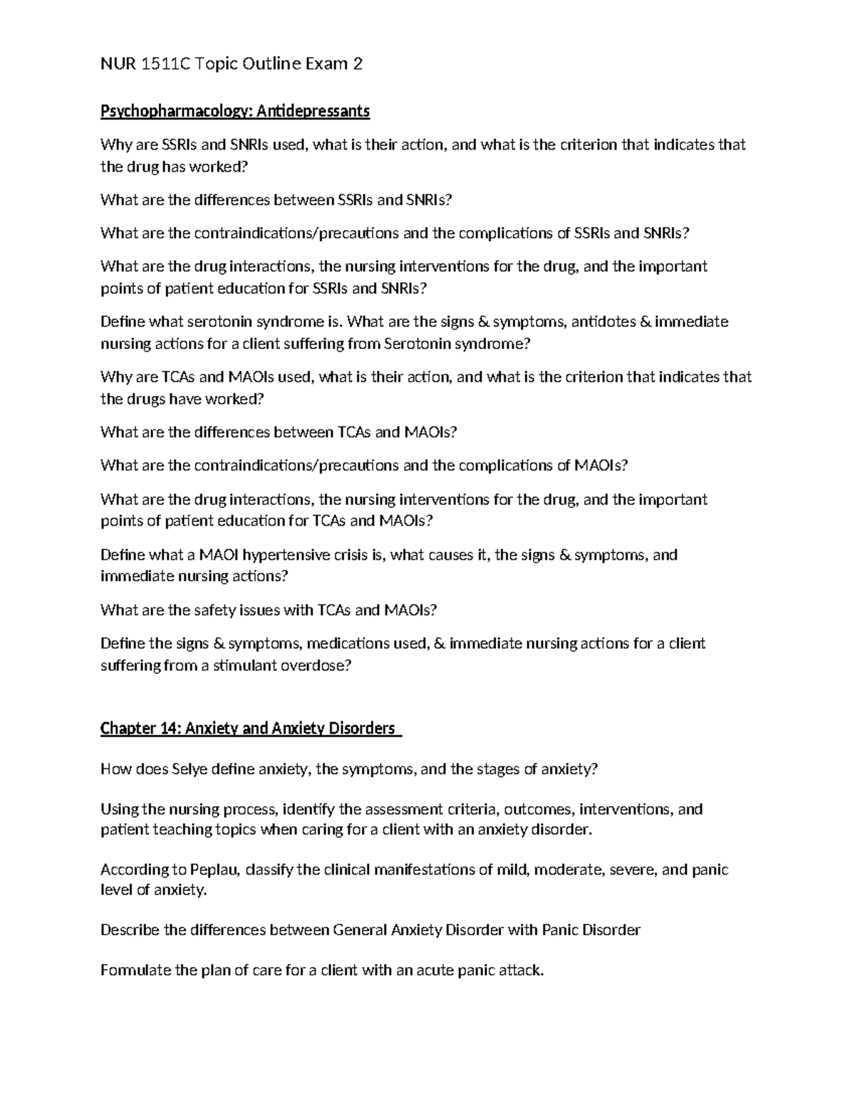 NUR 1511C Topic Outline for Exam 2: Psychopharmacology & Disorders ...