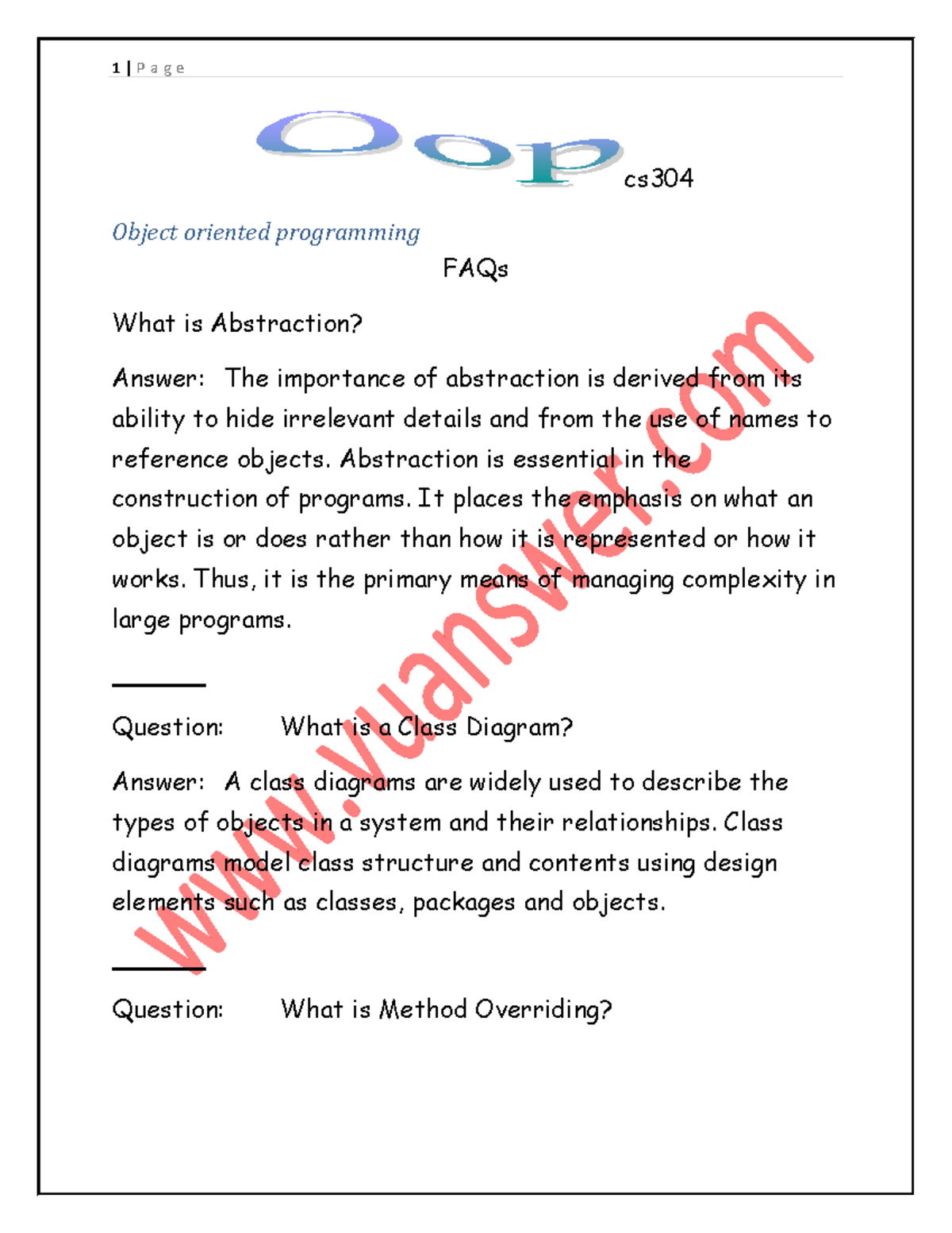 Cs304 Imp Short Notes Vuanswer Object Oriented Programming What Is Abstraction Faqs Cs