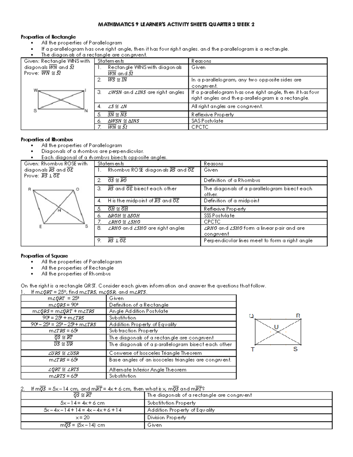 Properties of Quadrilaterals - MATHEMATICS 9 LEARNER’S ACTIVITY SHEETS ...