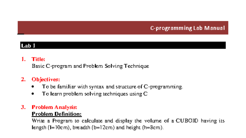 C Lab Manual: Basic Problem Solving Techniques and Conditional Statements - Studocu