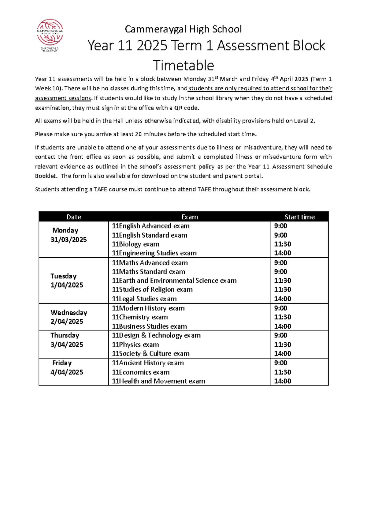 Yr 11 2025 Term 1 Assessment Block Timetable - Studocu