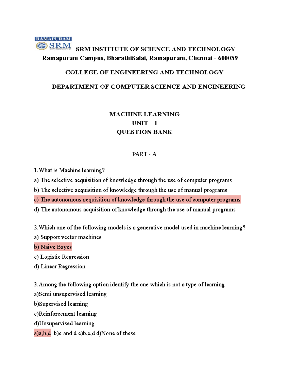 Machine Learning Unit 1 Question Bank - SRM CSE 2023 - Studocu