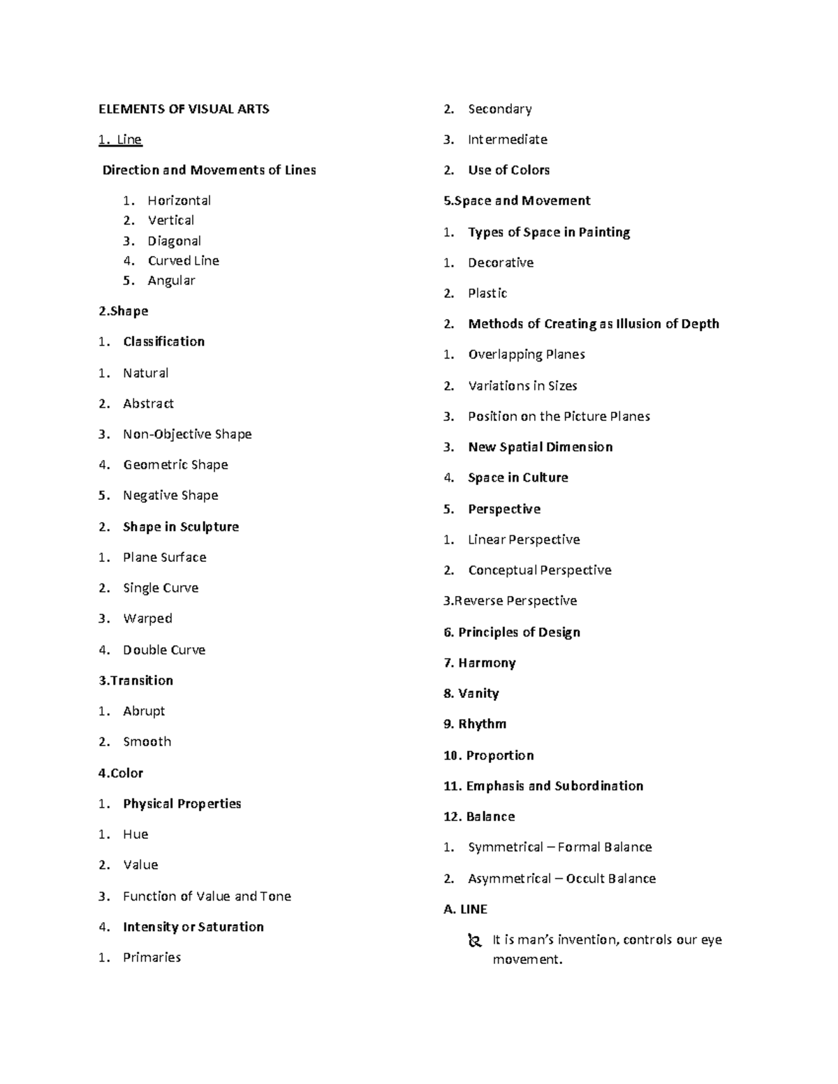 Arts appreciation Midterms reviewer - ELEMENTS OF VISUAL ARTS Line Direction and Movements of ...