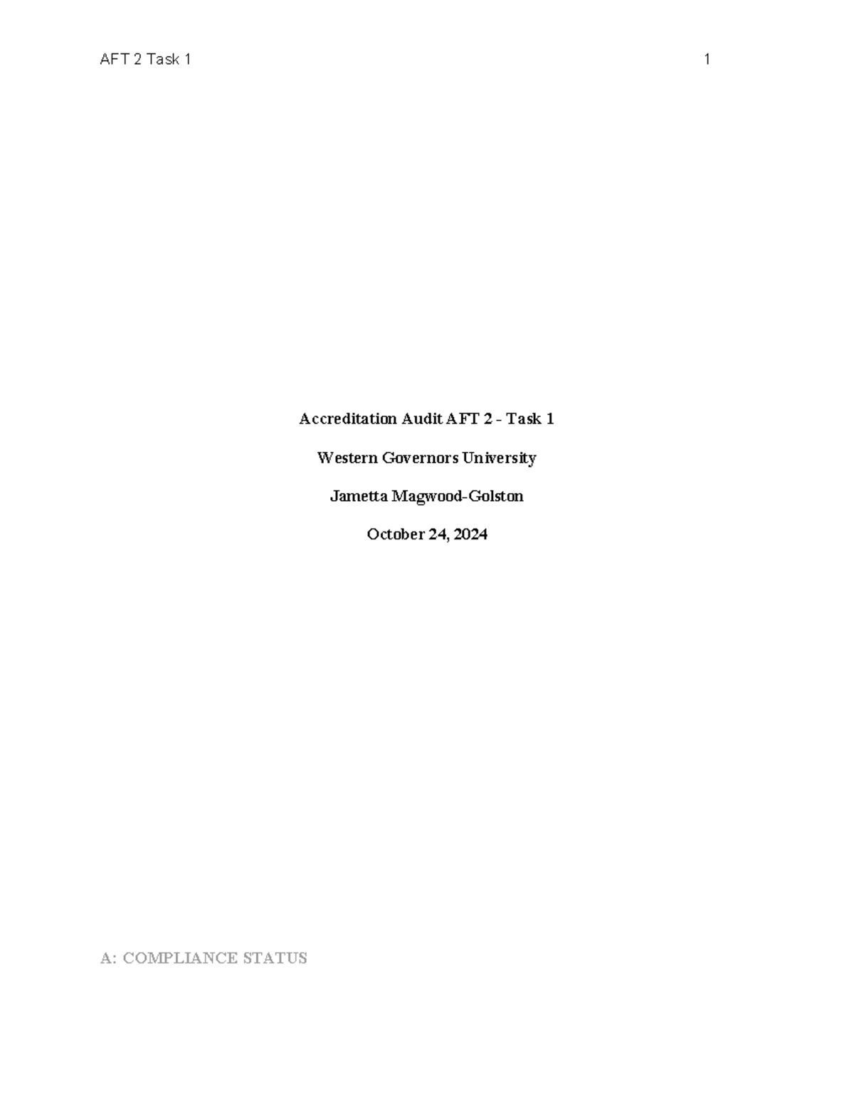 AFT 2 Task 1 - Accreditation Audit Compliance Status at NCH - Studocu