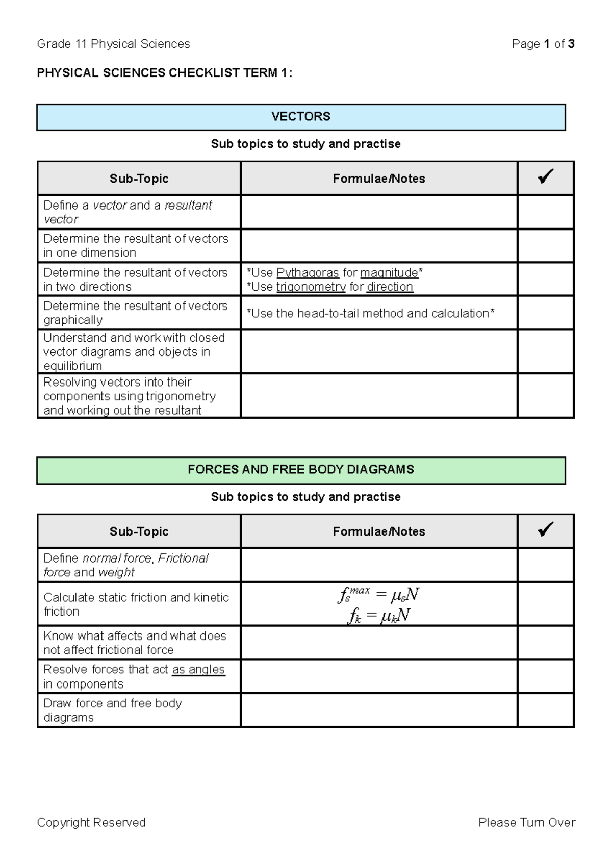 GRADE 11 Physical Sciences Checklist TERM 1 - Grade 11 Physical ...
