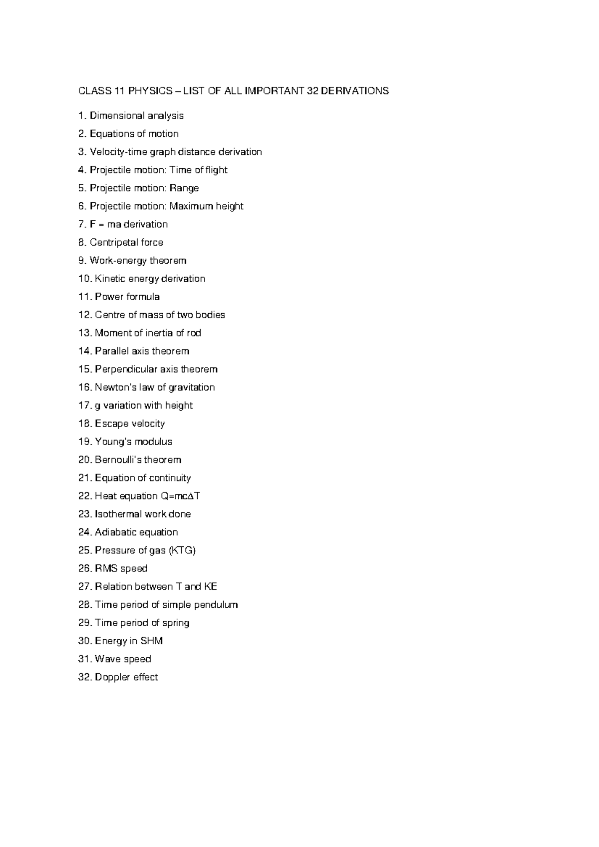 CLASS 11 PHYSICS: 32 IMPORTANT DERIVATIONS LIST - Studocu