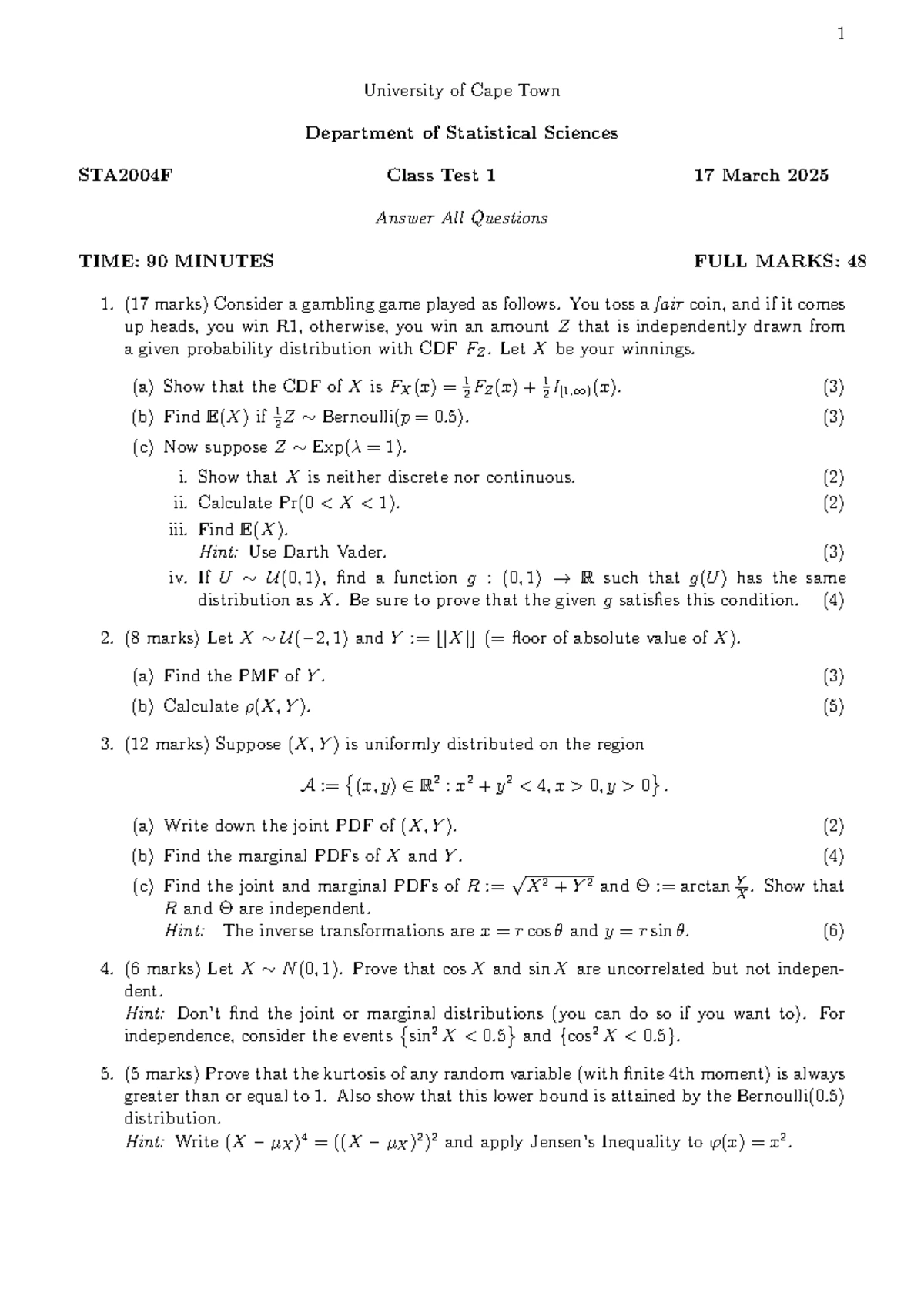 STA2004F Class Test 1 Solutions and Analysis - March 2024 - Studocu