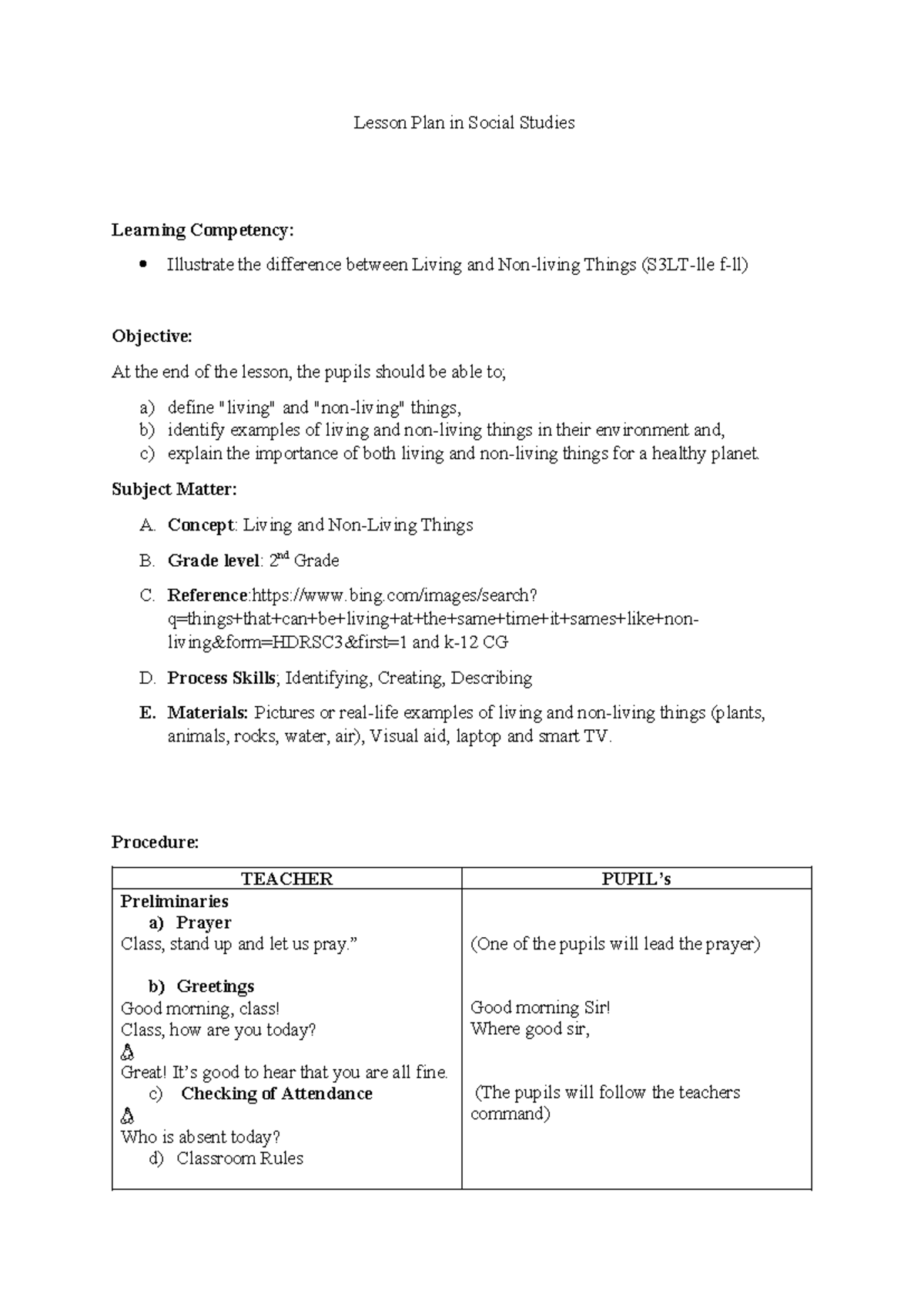 Lesson Plan: Living vs. Non-Living Things (2nd Grade) - Studocu