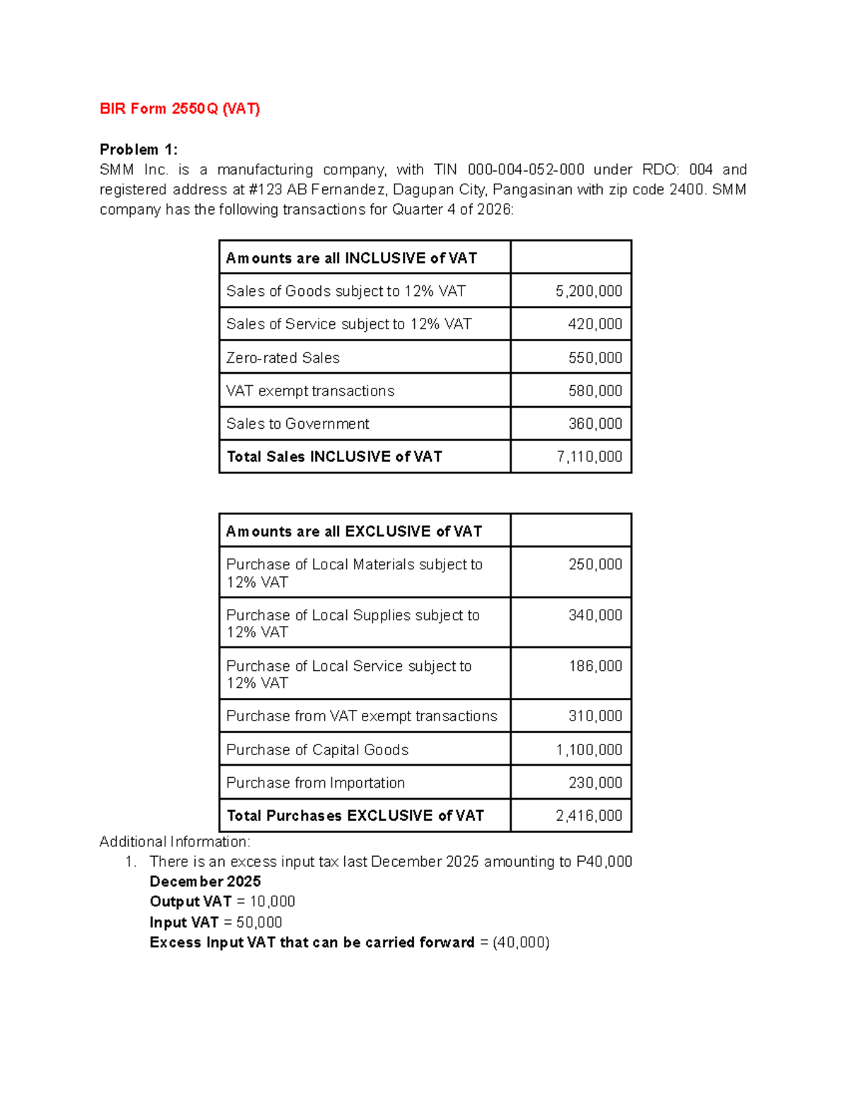 BIR Form 2550Q Practice Problems for VAT Reporting - Studocu