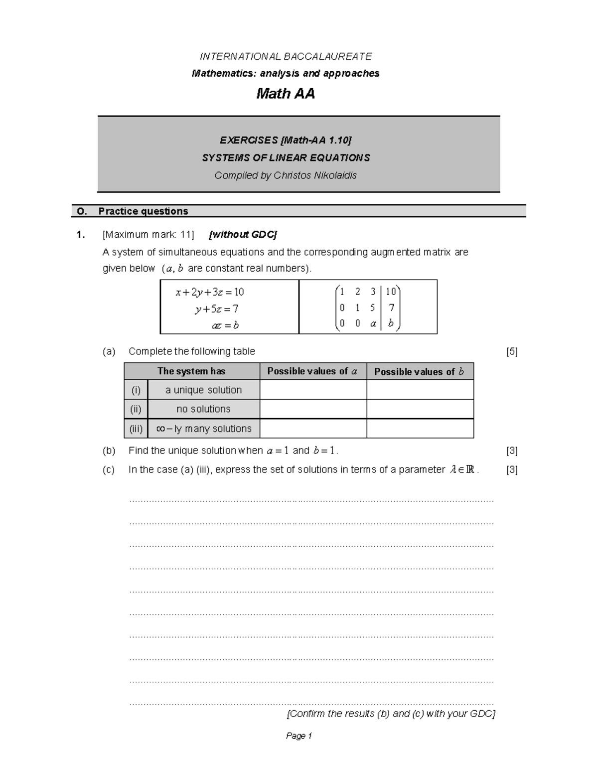 [Math AA 1.10] Systems of Linear Equations Practice Exercises - Studocu