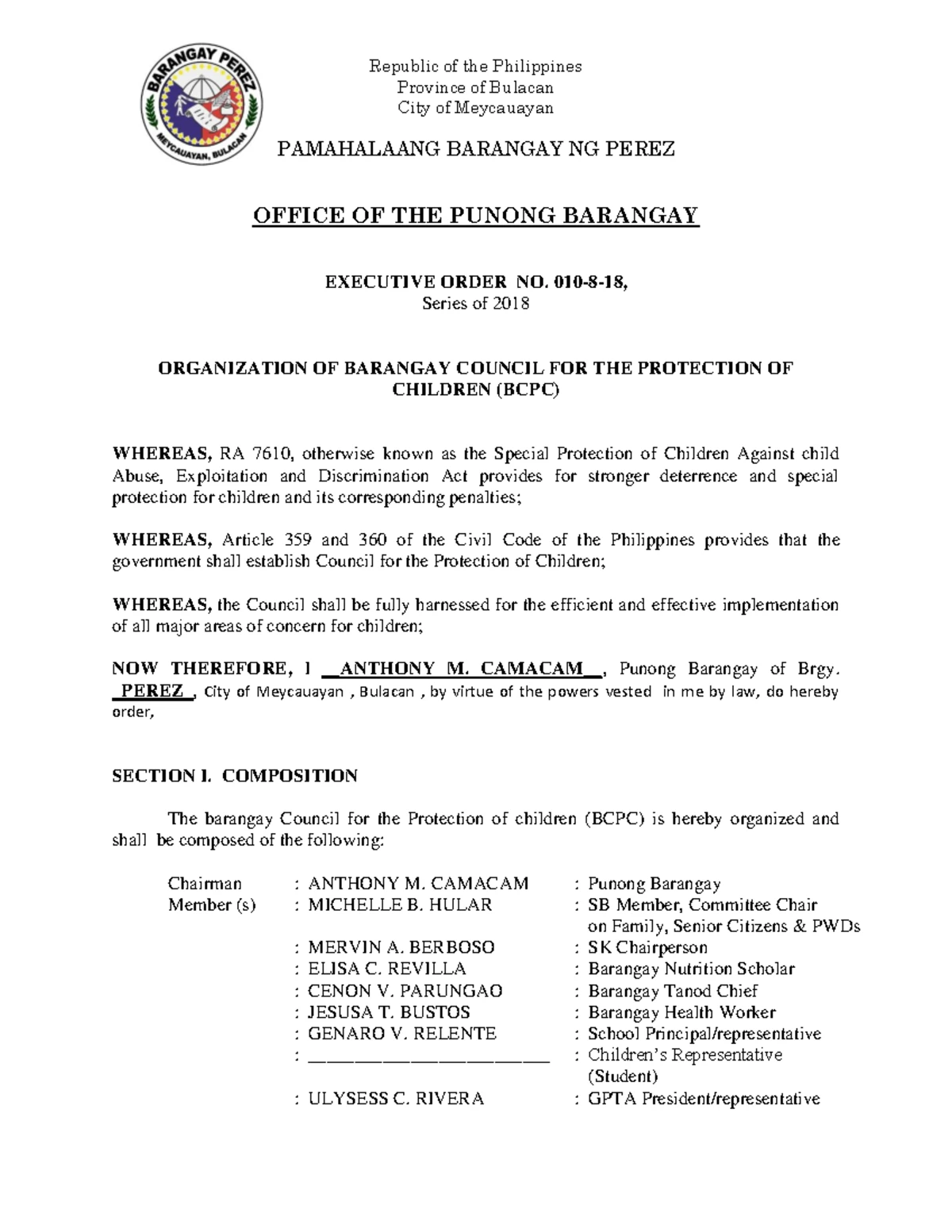 Executive Order No 008-08-18 Beswm - Republic of the Philippines ...