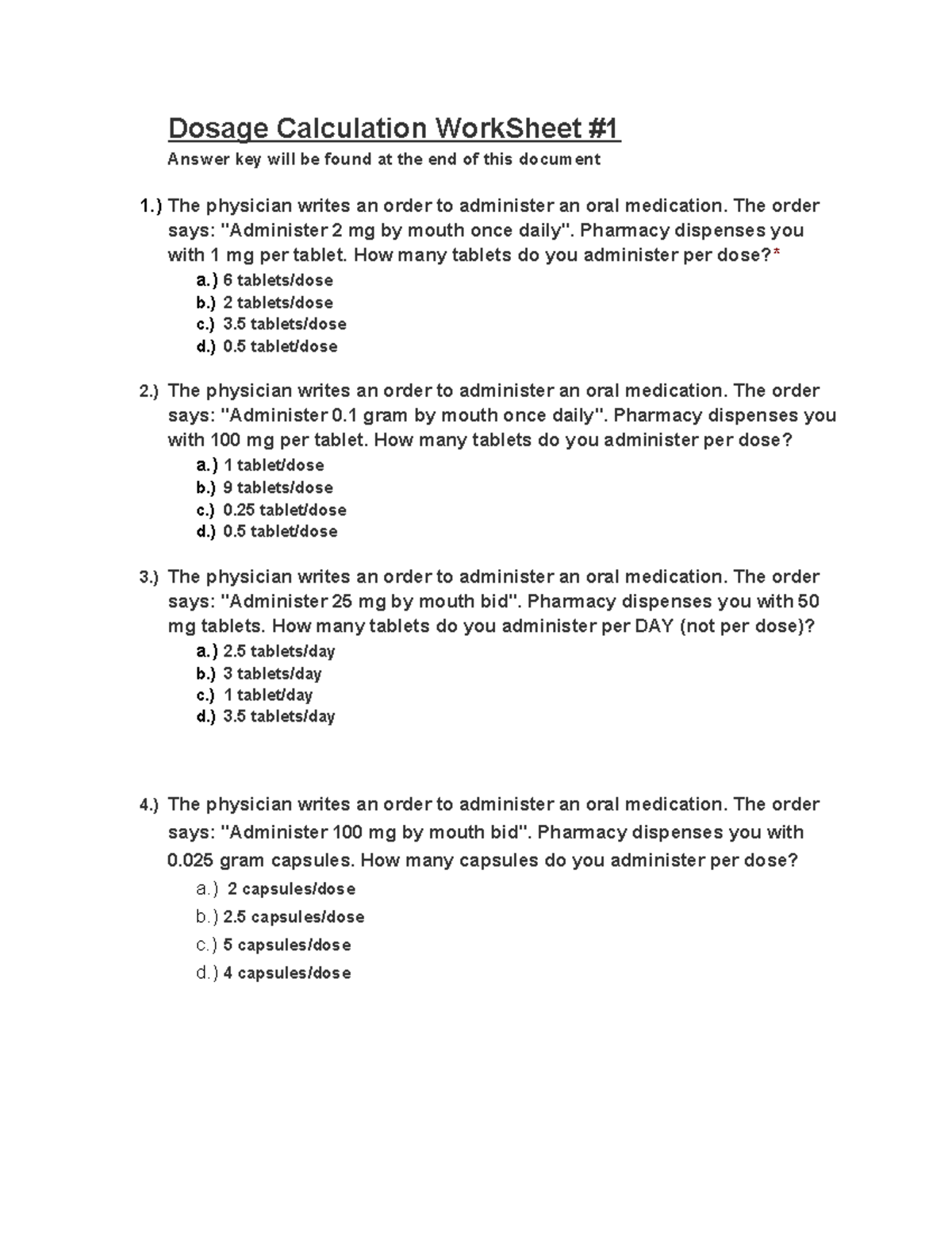 Dosage Calculation Worksheet for Medication Orders and Answers - Studocu
