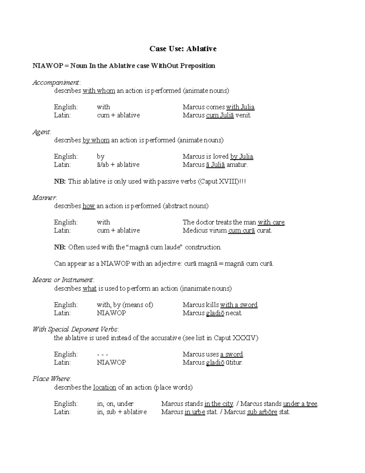 Intermediate Latin Noun Cases: Ablative & Genitive Use Handouts - Studocu