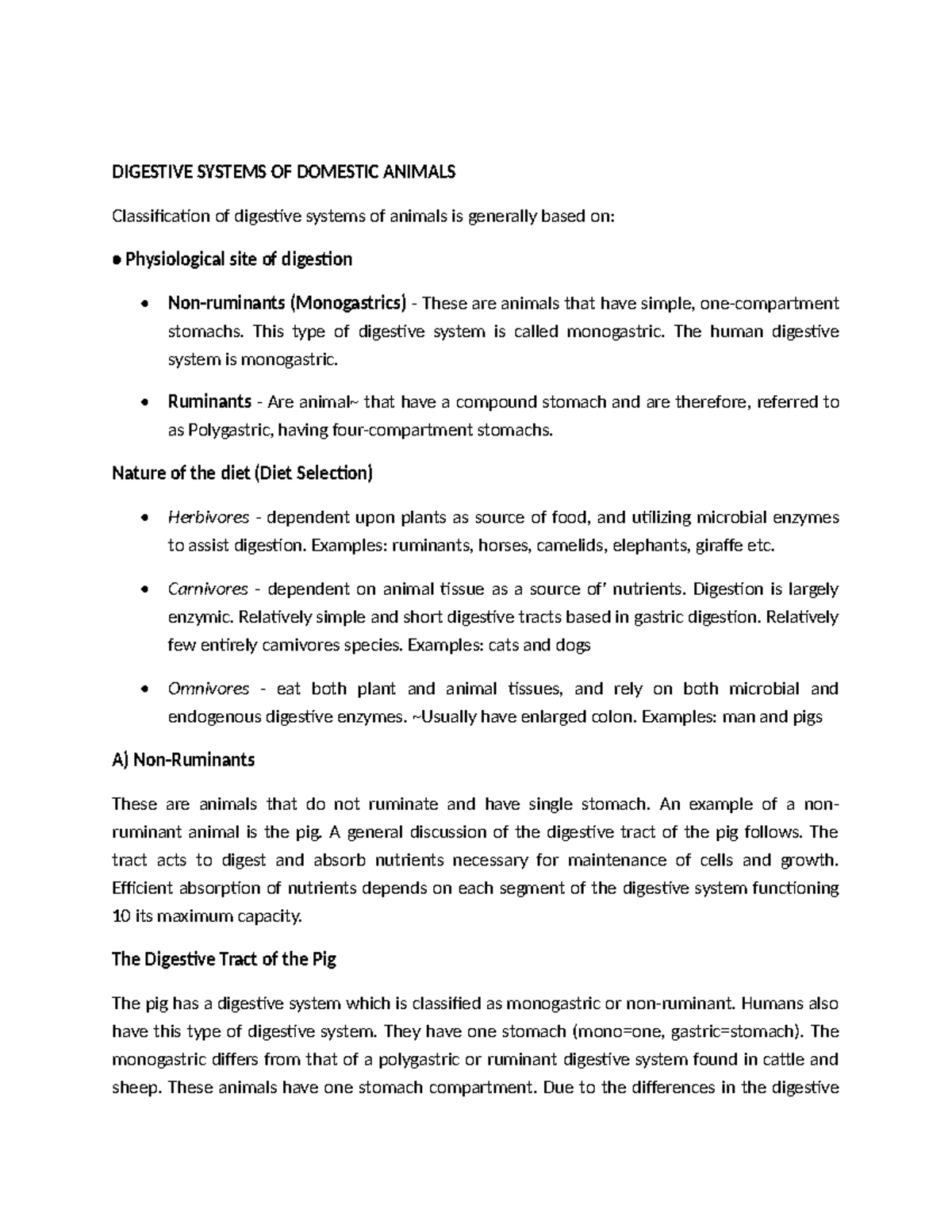 DIGESTIVE SYSTEMS OF DOMESTIC ANIMALS: Monogastrics vs Ruminants - Studocu