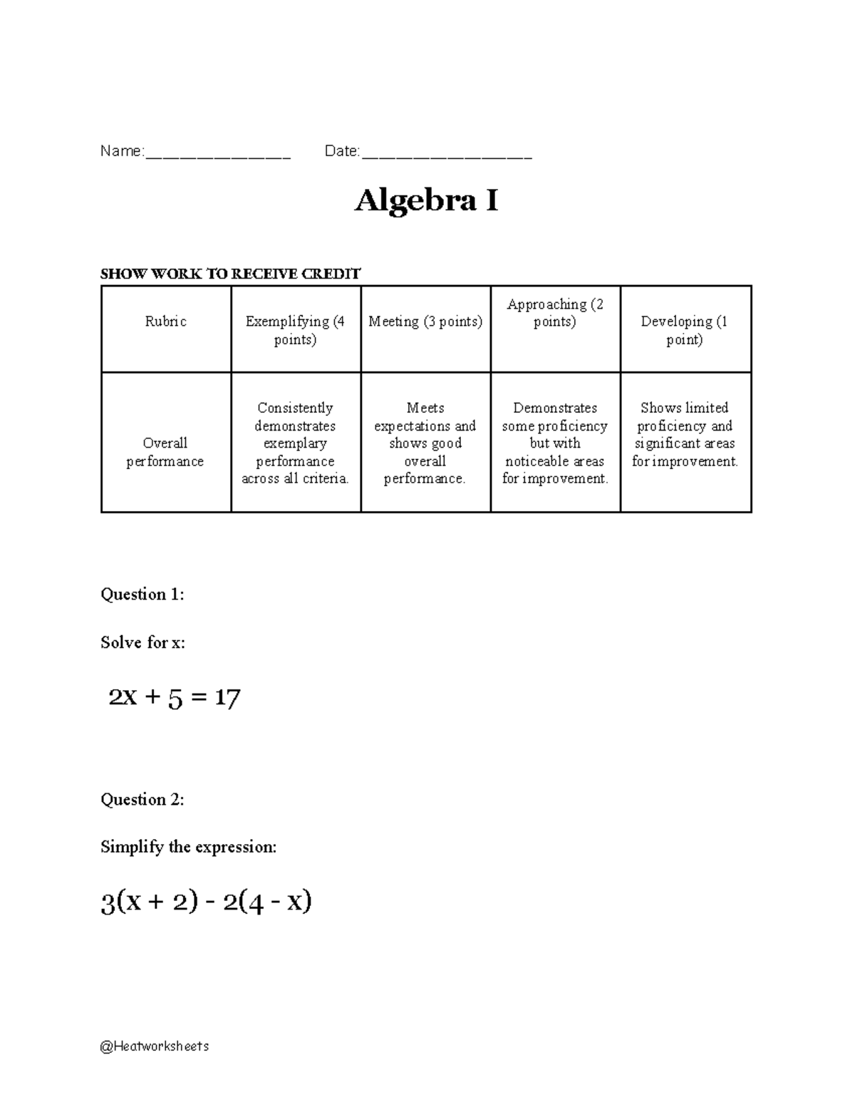 Algebra I Worksheet - Show Work for Credit Rubric - Studocu