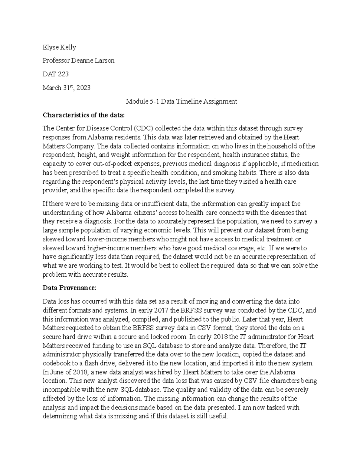 DAT 223 Module 5-1 Data Timeline Analysis and Management Report - Studocu