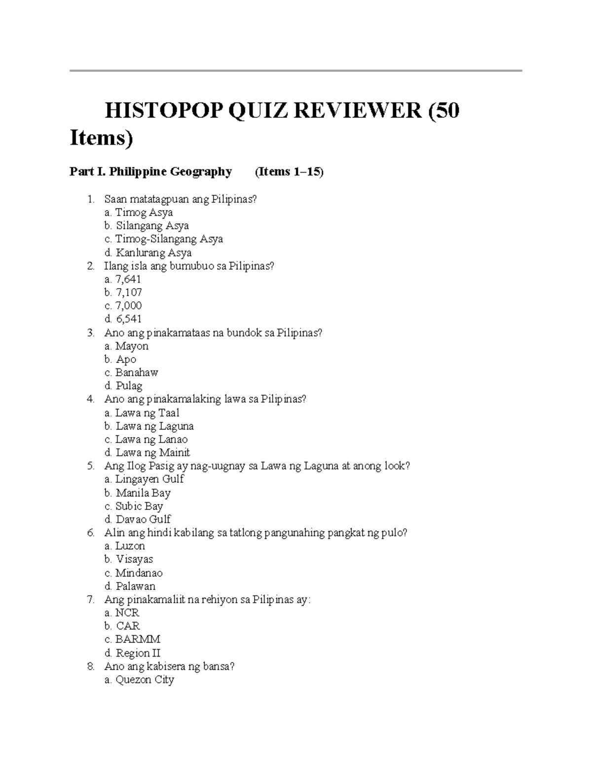 HISTOPOP QUIZ REVIEWER: Philippine Geography, History & Culture - Studocu